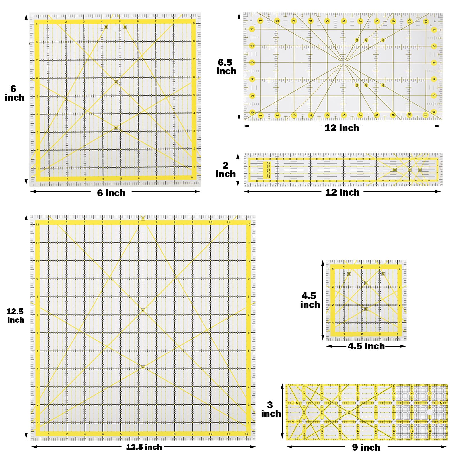 7 PCS Acrylic Quilting Ruler Set, Non Slip Rings 50 Pieces, Fabric Cutting Ruler with Double-Colored Grid Lines, Clear Mark Square Acrylic Ruler Quilting Templates for Sewing, Drawing and Crafts