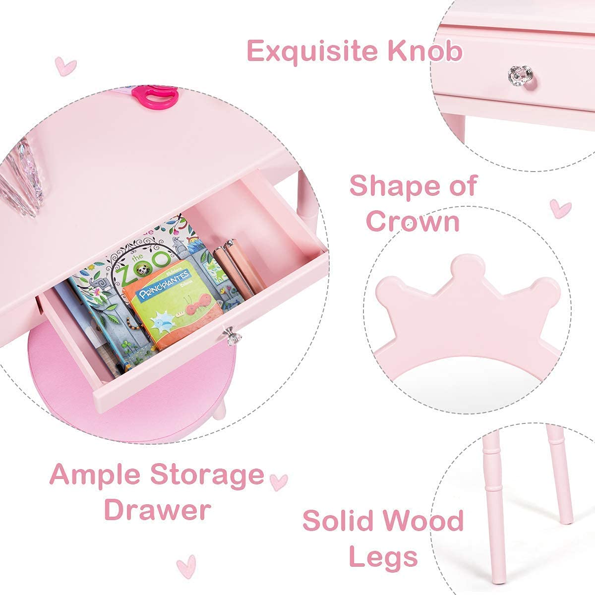 Casart Wooden Kids Vanity Set, Makeup Table and Stool Set with Mirror, Pull-Out Drawer and Cushioned Stool, Perfect Dressing Table Set for Children,Child Pretend Beauty Play Vanity Set, Pink
