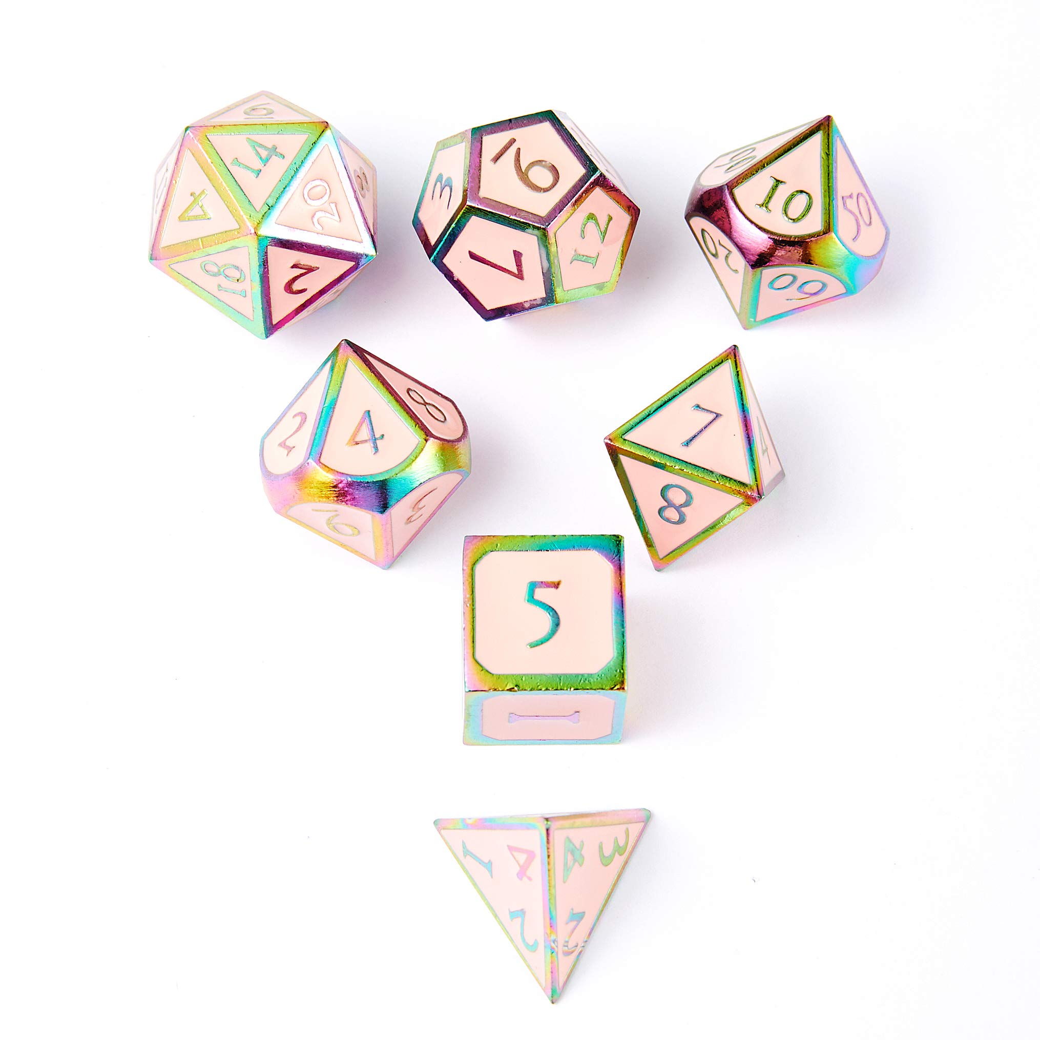 DND Metal Game Dice Set Cream Pink with Rainbow Edge 7pcs Set for Dungeons and Dragons RPG MTG Table Games D4 D6 D8 D10 D12 D20