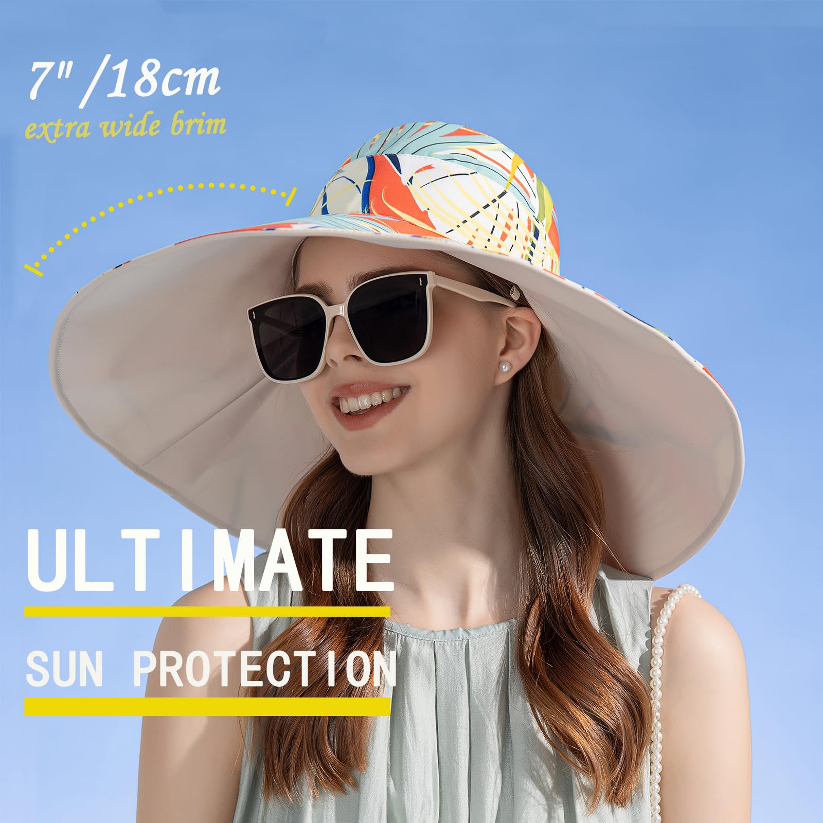 7" Women's Wide Brim Sun Hat, Large Foldable UV Protective Sun Hat, can be worn on both sides, suitable for beach, gardening, travelling, hiking(Flower/Khaki)