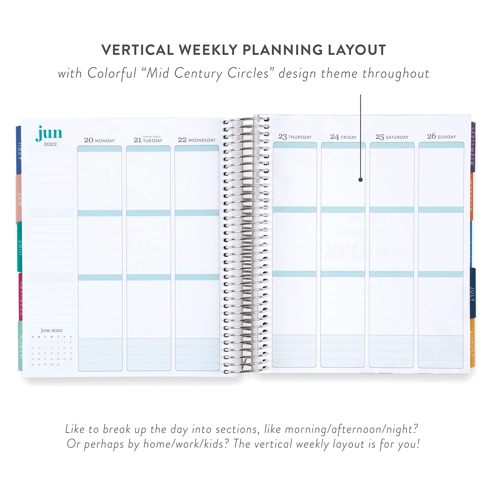 7” x 9” 12 Month Spiral Bound Life Planner ( Jan 2022 – Dec 2022 ) – Mid Century Circles Vegan Leather Cover + Mid Century Circles Interior Pages. Vertical Weekly and Monthly Agenda by Erin Condren.