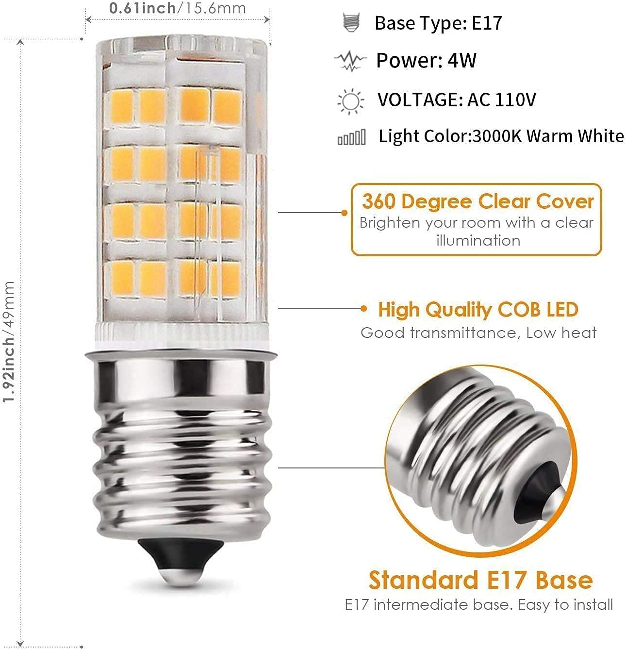 Adzok E17 LED Bulb Microwave Oven Light Dimmable 5 Watt Warm White 3000K 52X2835SMD AC110-130V (Pack of 4)