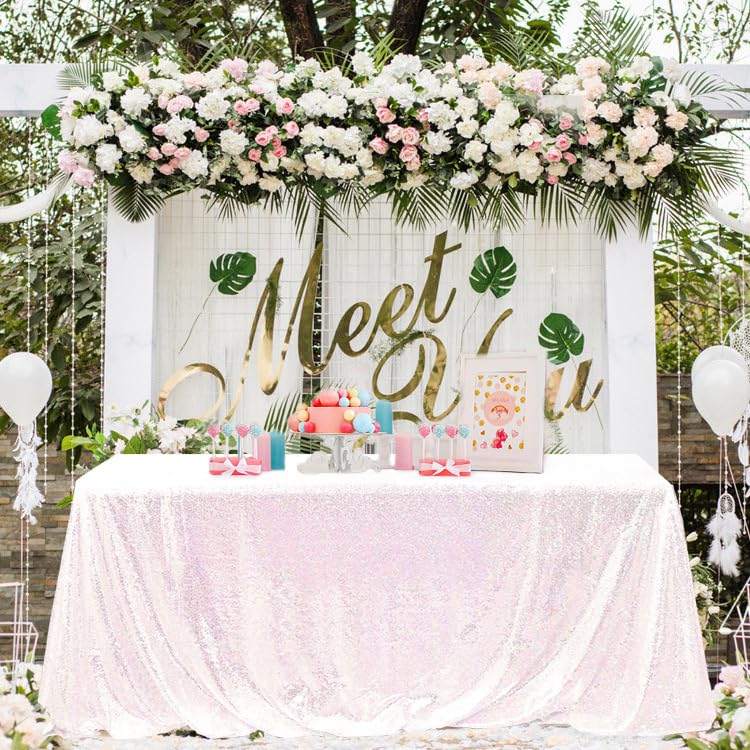 FYLEDAEE Iridescent White Sequin Tablecloth Rectangular 50X80 inch Spark Glitter Shimmer Tablec Cover for Wedding Baby Shower Birthday Dinners Dessert Flower Candy Cake Party Decoration