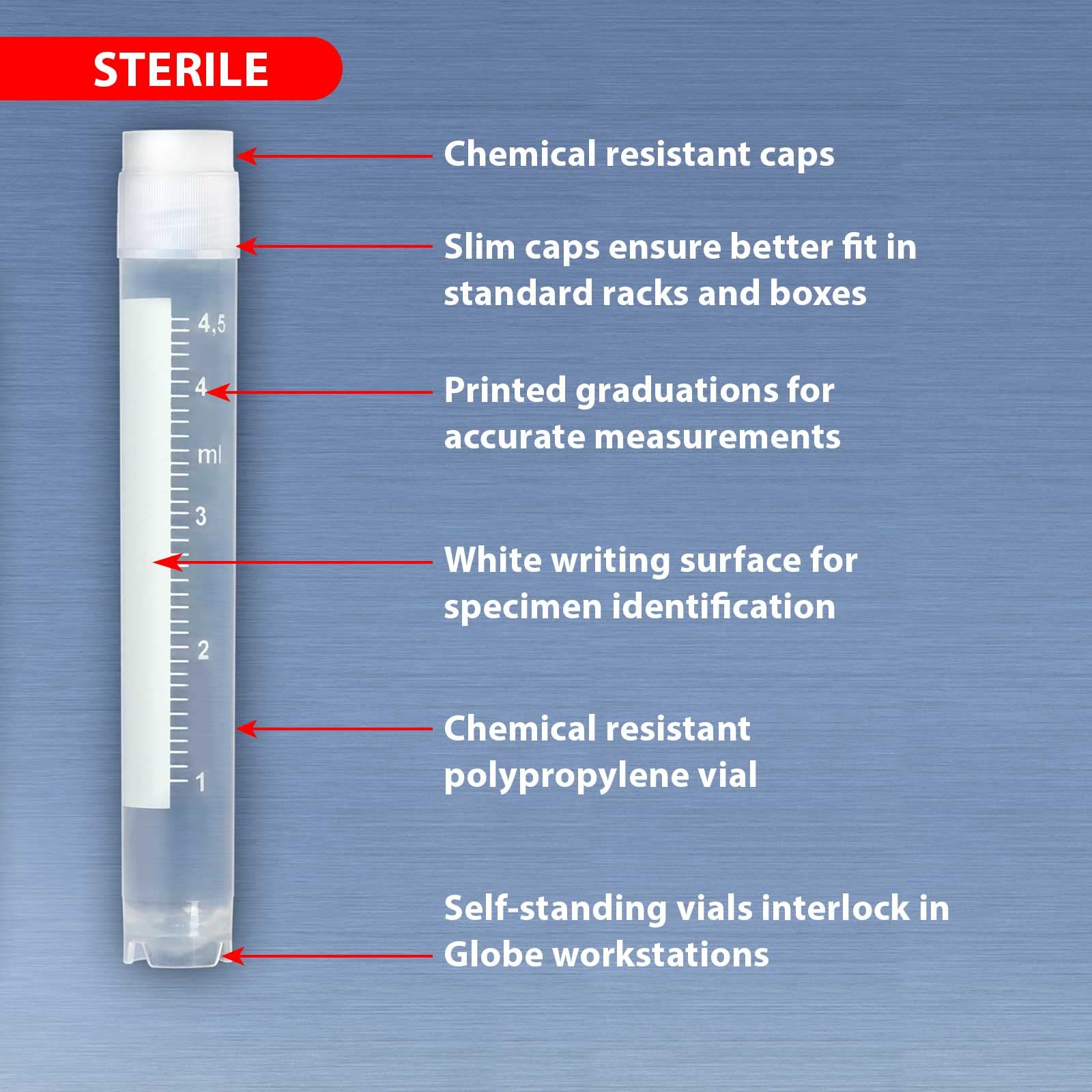 Globe Scientific CryoClear 3015-50 Polypropylene Barcoded Cryogenic Vial, 5mL Capacity, Sterile, External Threads, Attached Screwcap with Molded O-Ring, Round Bottom, Self-Standing (Case of 50)