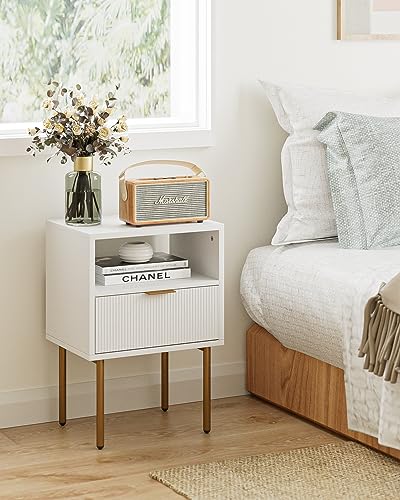 AEPOALUA Nightstand,Small Bedside Table with Gold Frame,White Night Stand,Bedside Furniture,Side Table with Drawer and Shelf for Bedroom,Living Room
