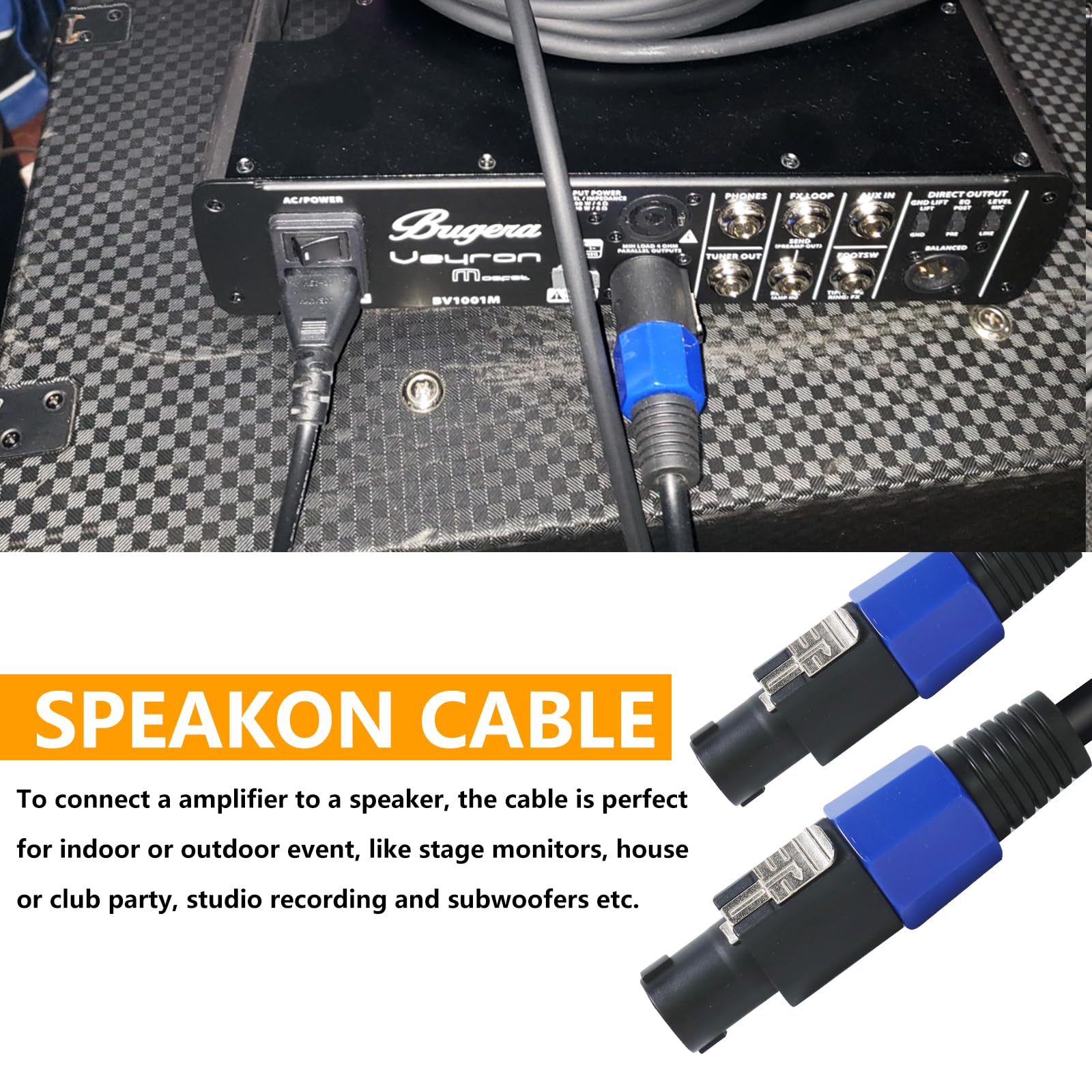 HBU 10 Feet Pack of 2 SpeakOn Cables - 2pcs DJ PA Speak-ON to Speakon Cable - Studio, Stage, Loudspeaker, Cabinet to Amplifier Audio Jack Wiring with Twist Lock