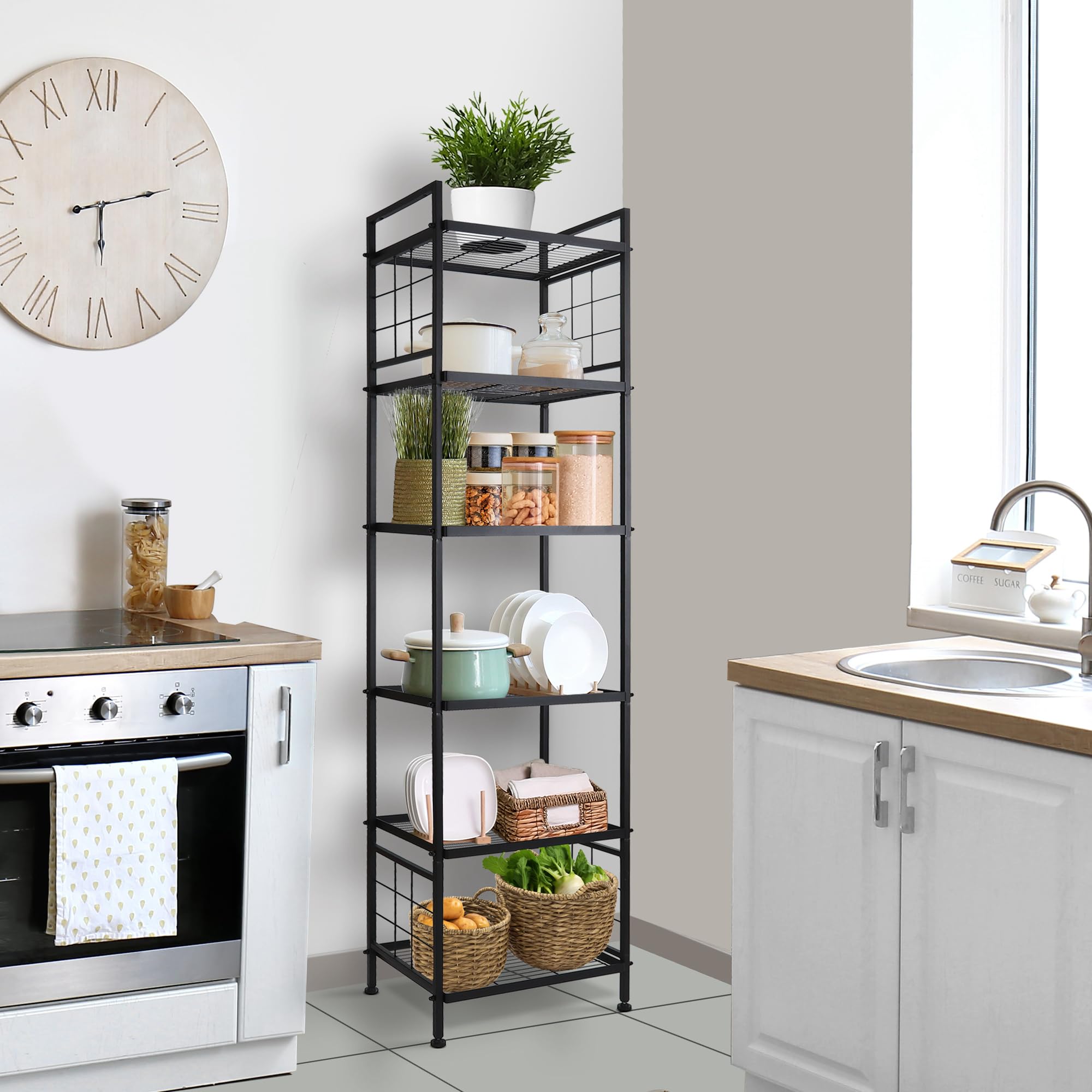 GIOTORENT 6-Wire Standing Storage Shelf, Metal Shelving Unit Pantry Rack for Laundry Kitchen Bathroom Organizer(Black)