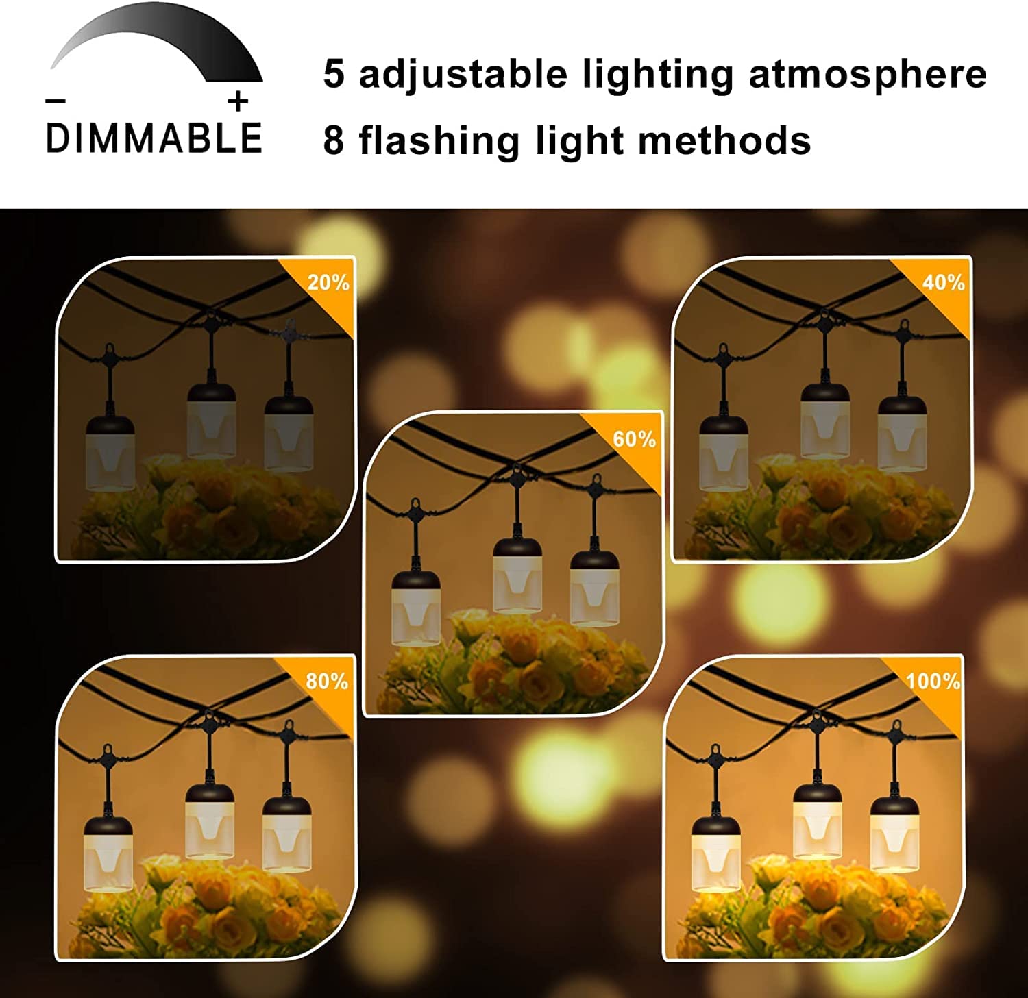 DREAMARK String Lights Indoor Outdoor 52 FT Weatherproof LED Bulbs Strings with 8 Lighting Model 16 Warm White Shatterproof Bulbs for Patio Garden Bistro Wedding Backyard Festival Decoration