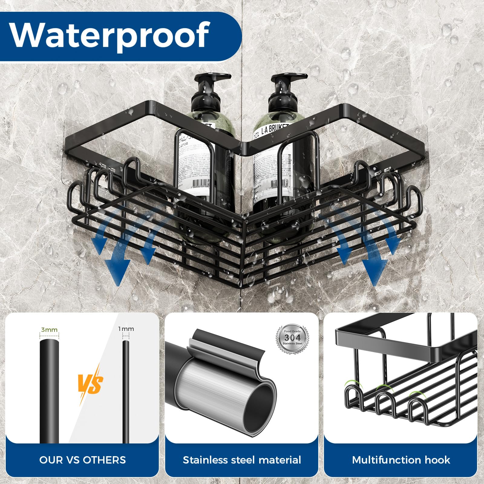 YUNISS Corner Shower Caddy 3 Pack,Adhesive Shower Corner Organizer Shelves with Soap Holder,No Drilling Shower Storage Rack for Bathroom and Kitchen (Black 3)