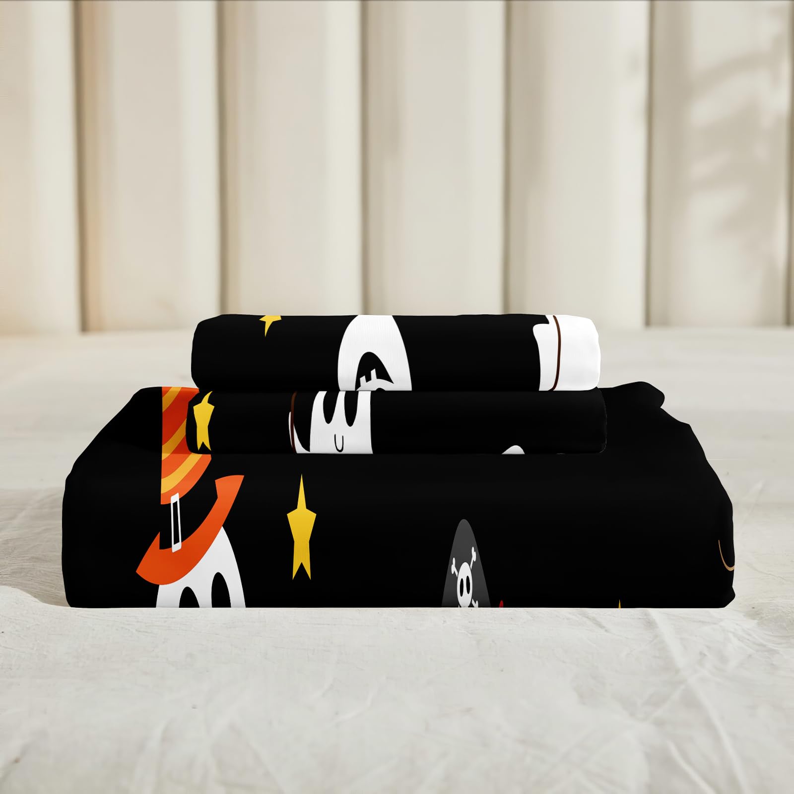 MOVE OVER Pumpkin Bedding Set Queen Size Halloween Duvet Cover Set 3 Pcs Pumpkin Lantern and Cute Bats Witch Hats Printed Kids Halloween Bedding Set(Queen, Black)
