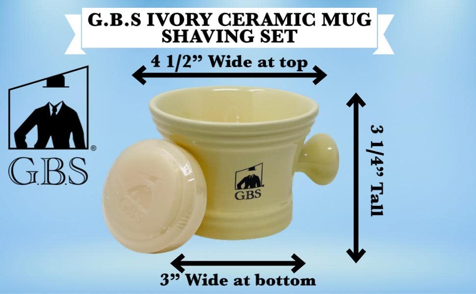 G.B.S Heavy Duty Ceramic Ivory Shaving Set - Mug with Knob Handle, Faux Ivory Handle Shaving Brush and Natural Shave Soap