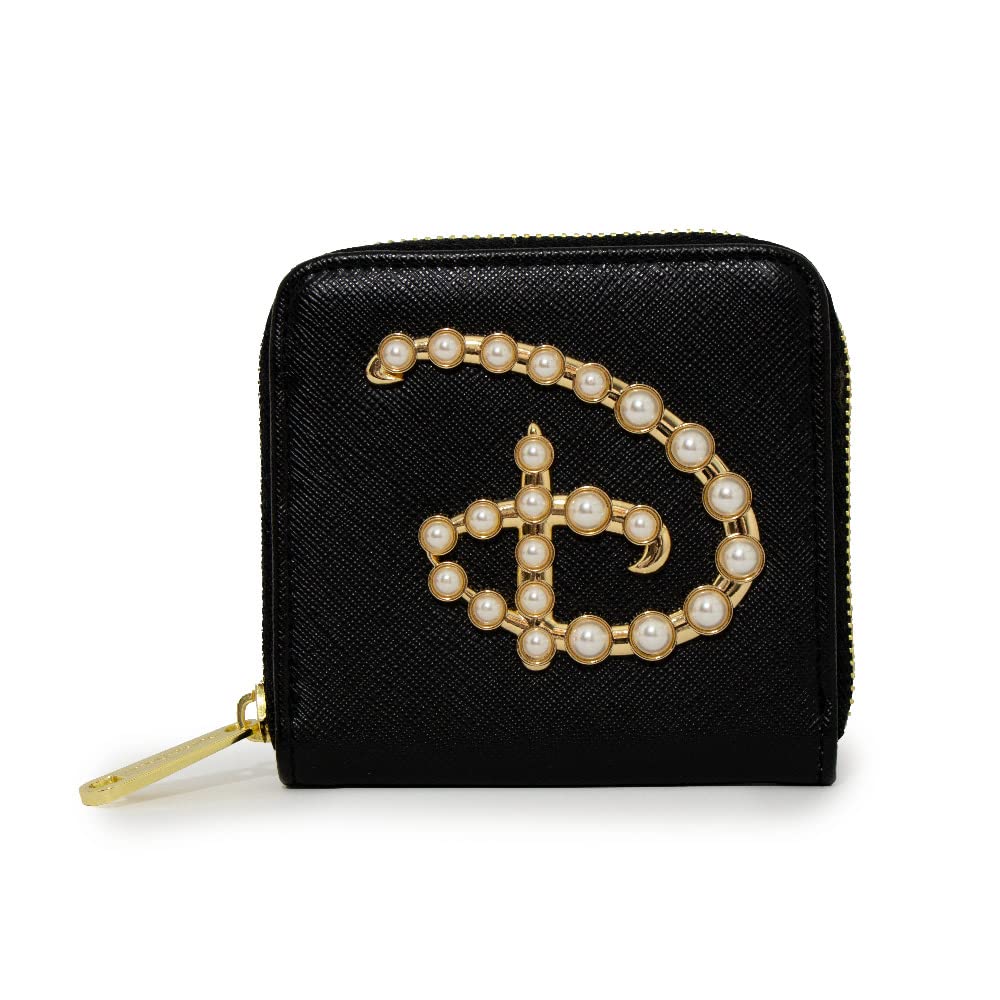 Disney Wallet, Square Zip Around, Disney Signature D Logo Faux Pearl Gold, Black Vegan Leather
