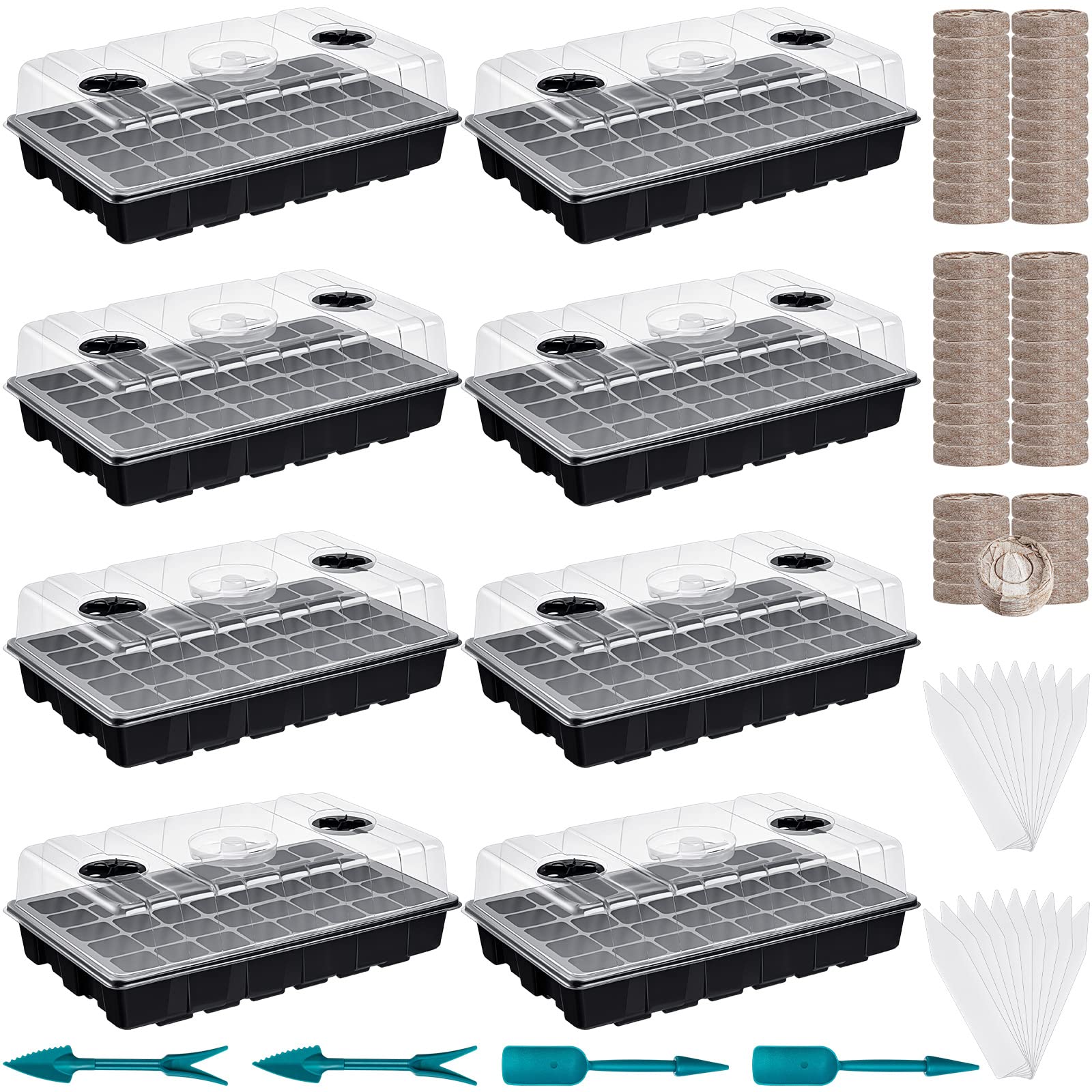 8 Pack Seed Starter Tray Seedling Trays with 200 Peat Pellets 20 Plant Labels 4 Gardening Tools with Humidity Vented Domes and Base Seed Germination Kit Mini Greenhouse for Plant Seedling (Green)