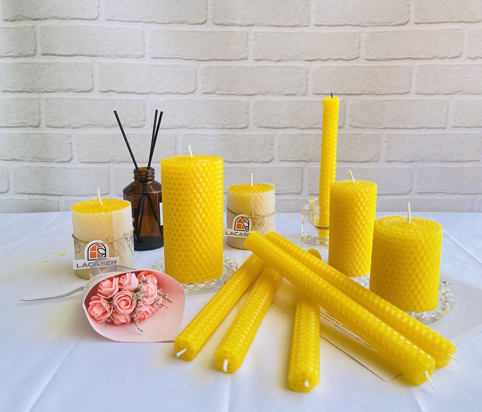 Lacaser Beeswax Pillar Candles Set of 2, 2"x4" Honey Candles,Unscented & Dripless & Smokeless,7 Hours Burn Time Each, Yellow