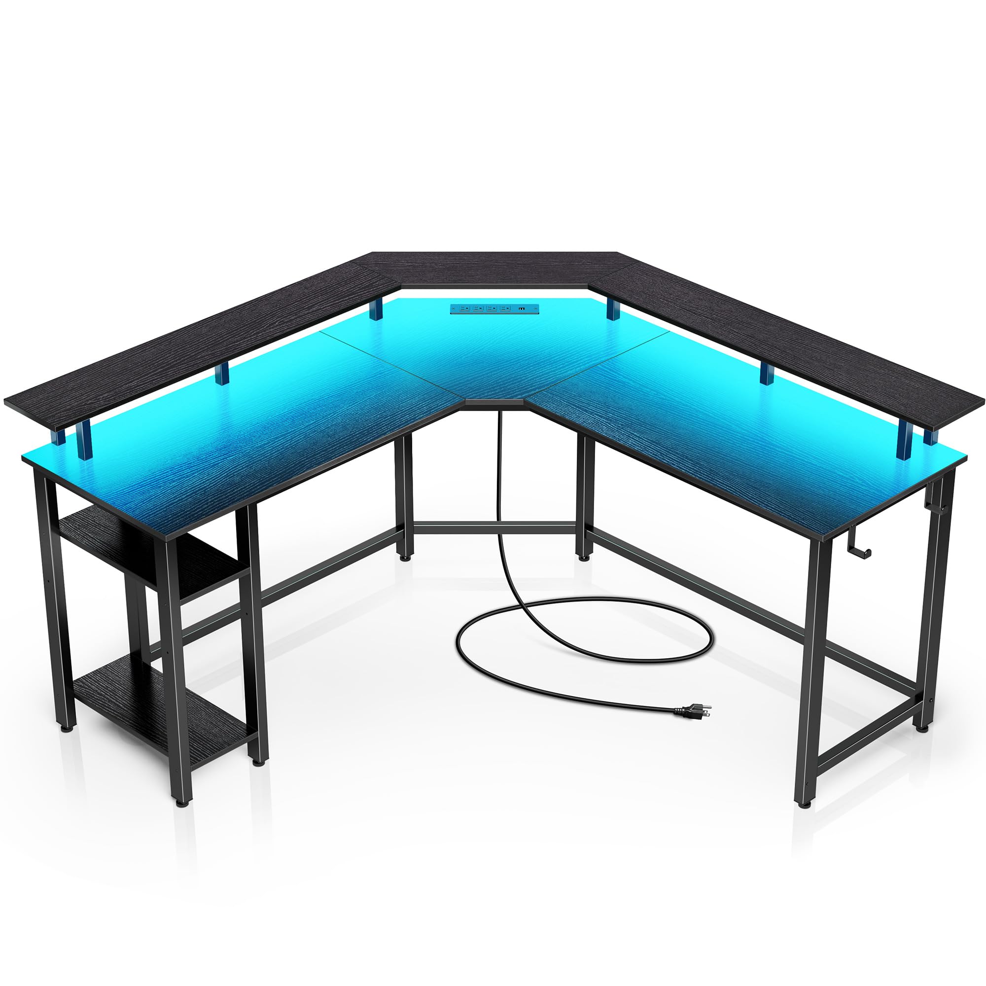 Rolanstar L Shaped Gaming Desk with LED Lights & Power Outlets, 56" Computer Desk with Full Monitor Stand & Storage Shelf, Corner Desk with Hooks, Black Desk Reversible
