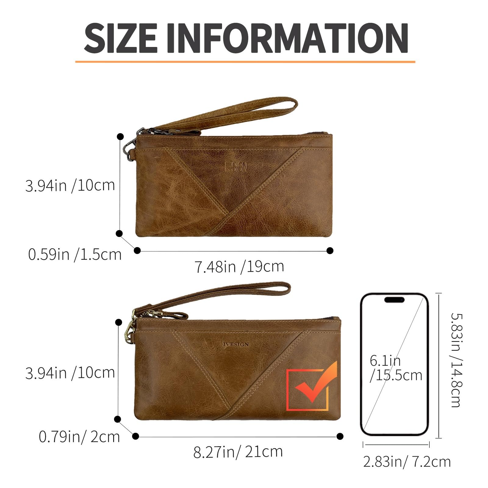 IVESIGN RFID Blocking Leather Wallet for Women, Genuine Leather Slim Wristlet Clutch with Phone Holder, Credit Card Organizer, Coin Purse & Removable Strap β Brown