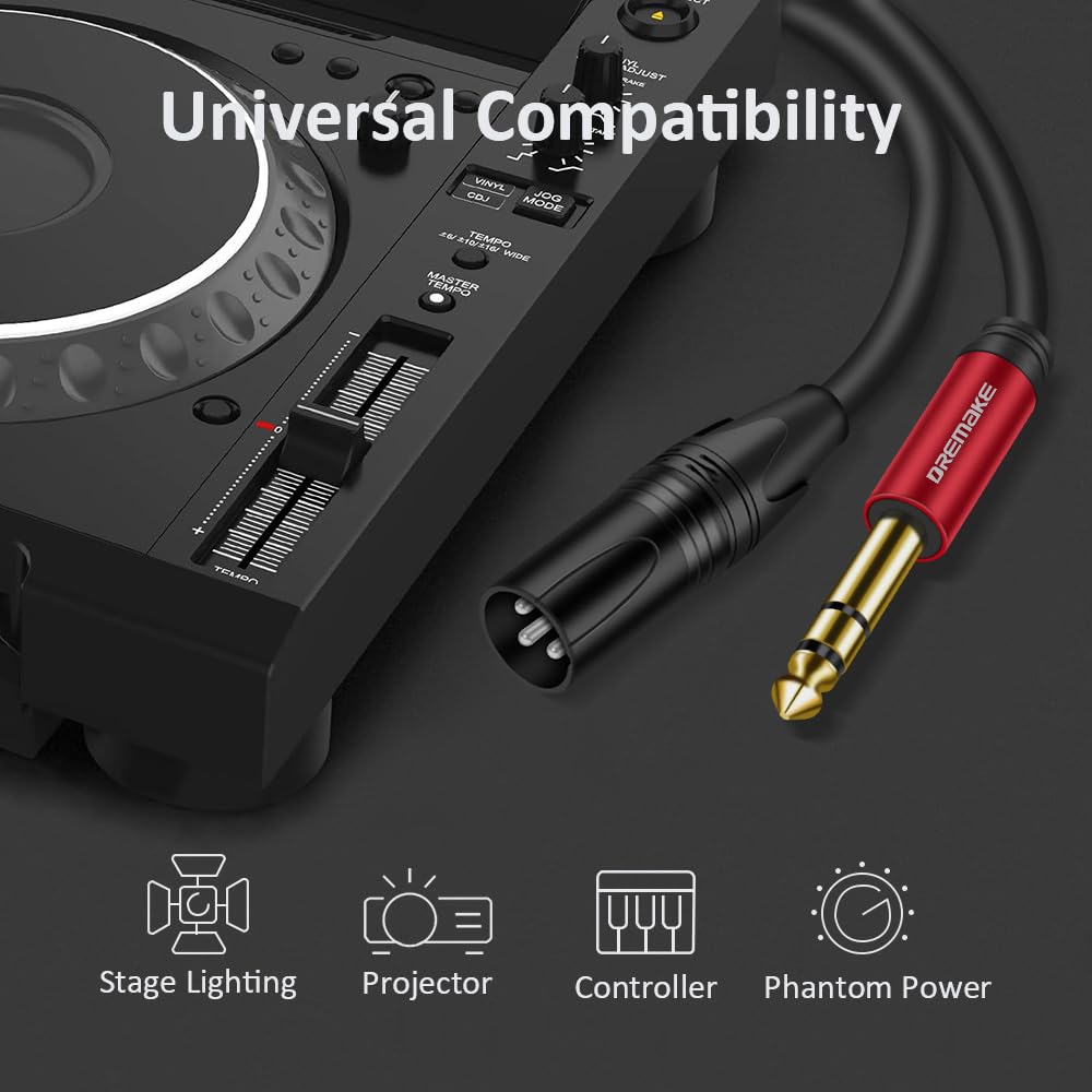 DREMAKE 10 Foot TRS Stereo 6.35mm 1/4 Inch to XLR Balanced Mic Cable Male to Male Audio Patch Cord for Speakers, Amplifier