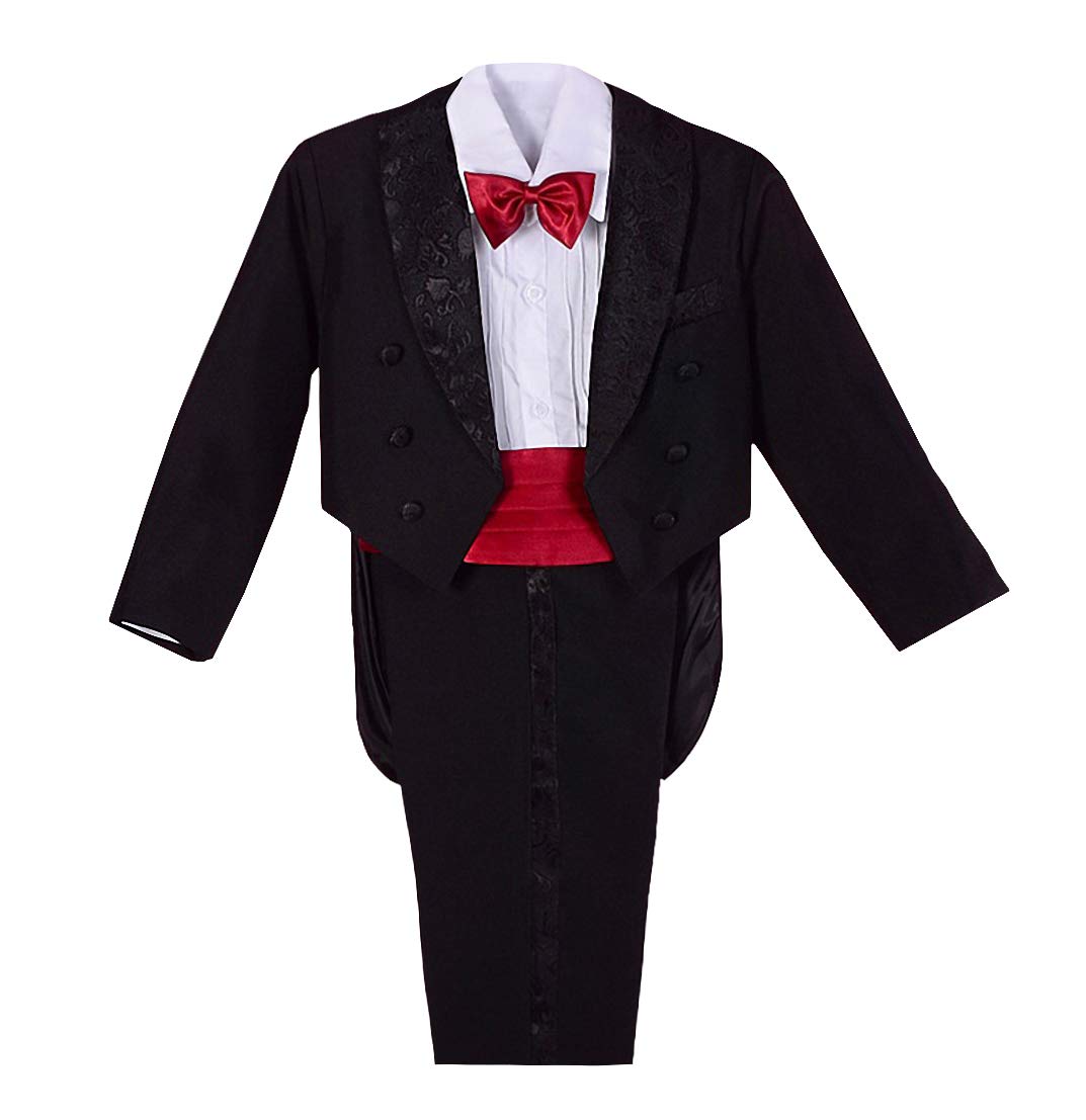 Dressy Daisy Baby Boy Tuxedo Black Suit 5 Pieces Set Formal Wear Wedding Outfit Size 18-24 Months, with Red Cummerbund