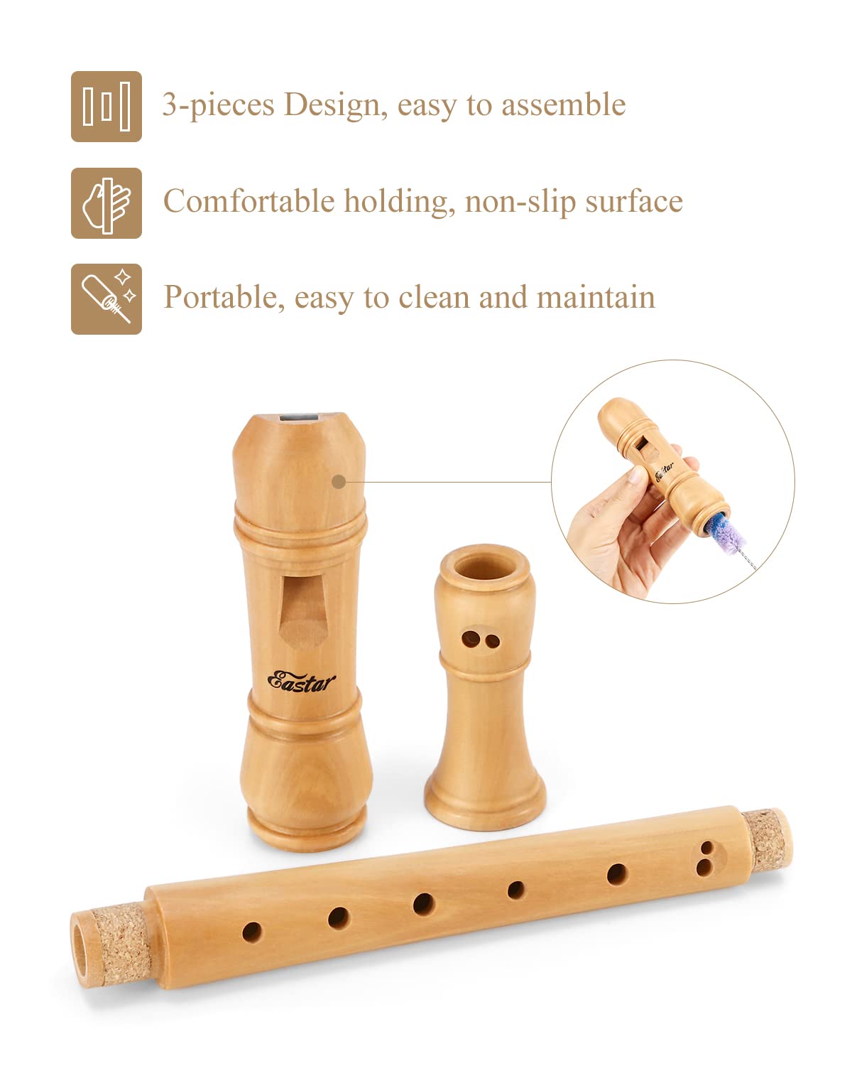 Eastar Soprano Recorder Instrument for Kids Adults Beginners, German fingering C Key Maple Wooden Recorder, 3 Piece Recorder With Hard Case, Fingering Chart, Cleaning Kit, ERS-31GM