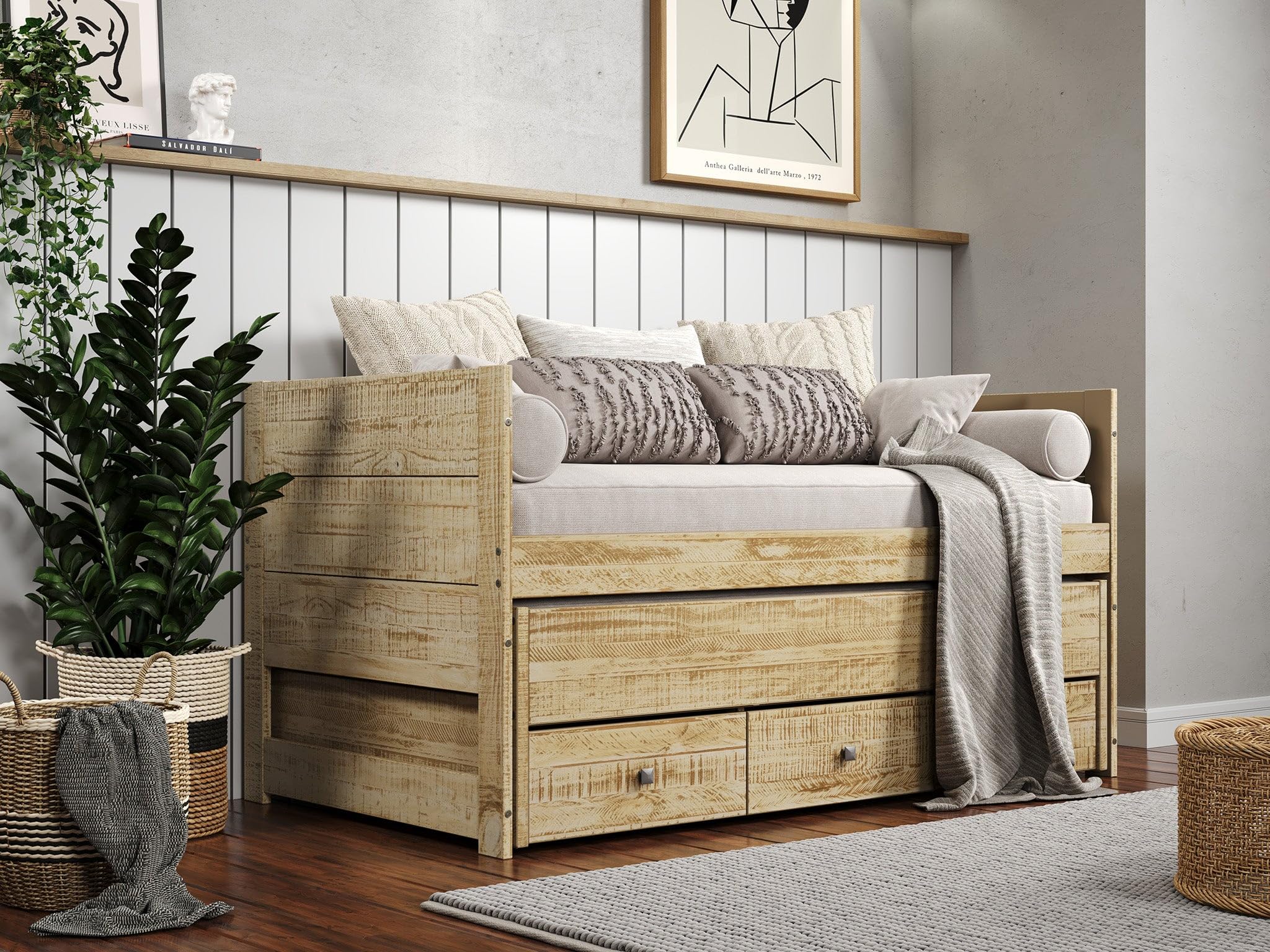 Bedz King All in One Twin Bed with Twin Trundle and 3 Built in Drawers, Weathered Honey