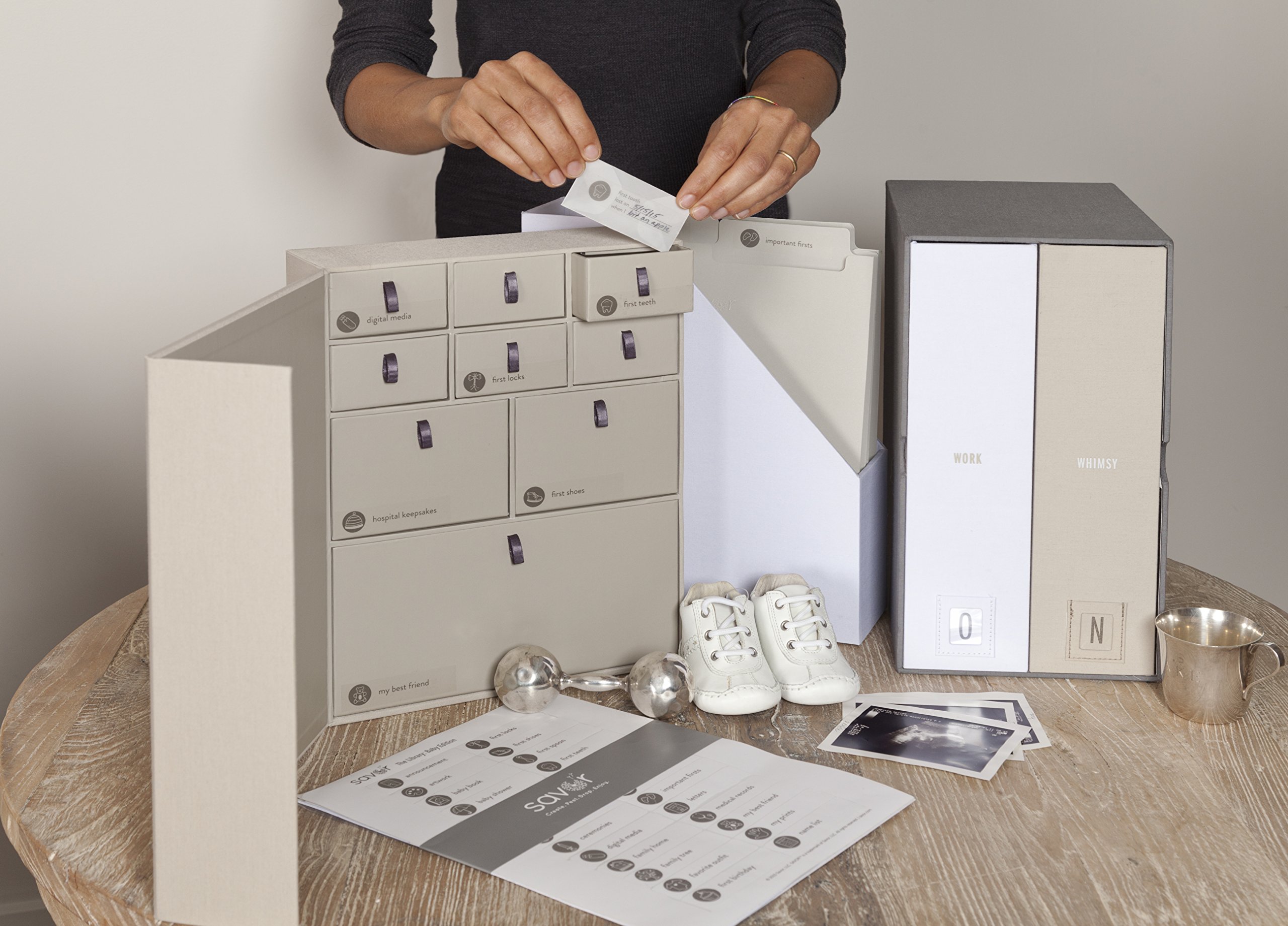 Savor | Baby + School Years Keepsake Boxes | Slate Gray - Set of 2 Custom-dyed with Cloth Covering + Acid-Free for Durability w/Full Organization System+Includes labels for customizing
