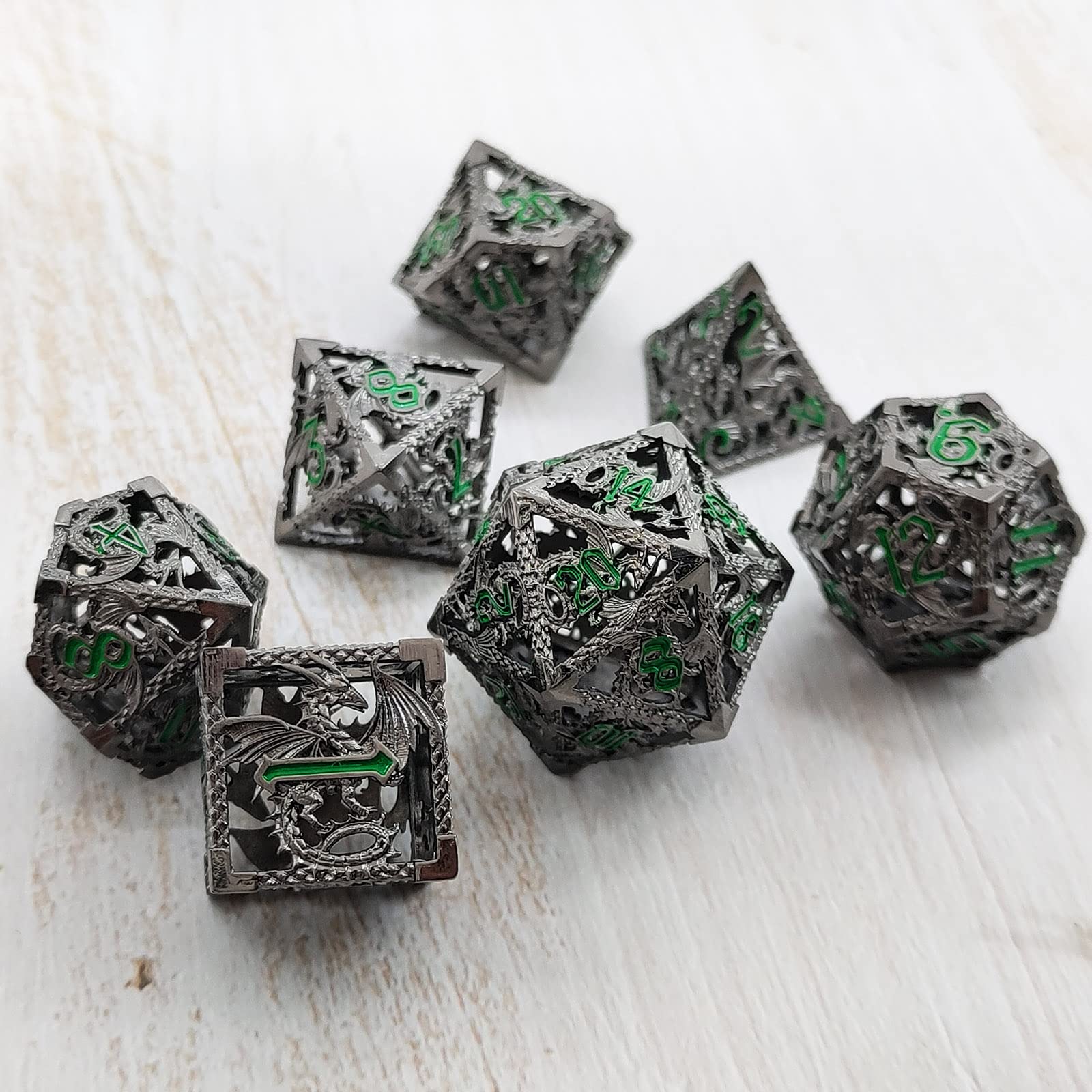 DND Dice Set Dungeons and Dragons Metal D&D Dice Polyhedral Dice Set RPG MTG Pathfinder Shadowrun Roleplaying Dice Games Gifts Accessories D N D Hollow Dice D20 D12 D10 D8 D6 D4, Black Nickel Green