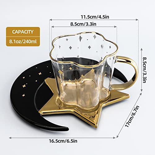 8.1 oz/240 ml Glass Coffee Cup And Ceramic Star Moon Saucer With Spoon Set Golden Handle Glass Cup Afternoon Tea Juice And Water Drinks cup (black)