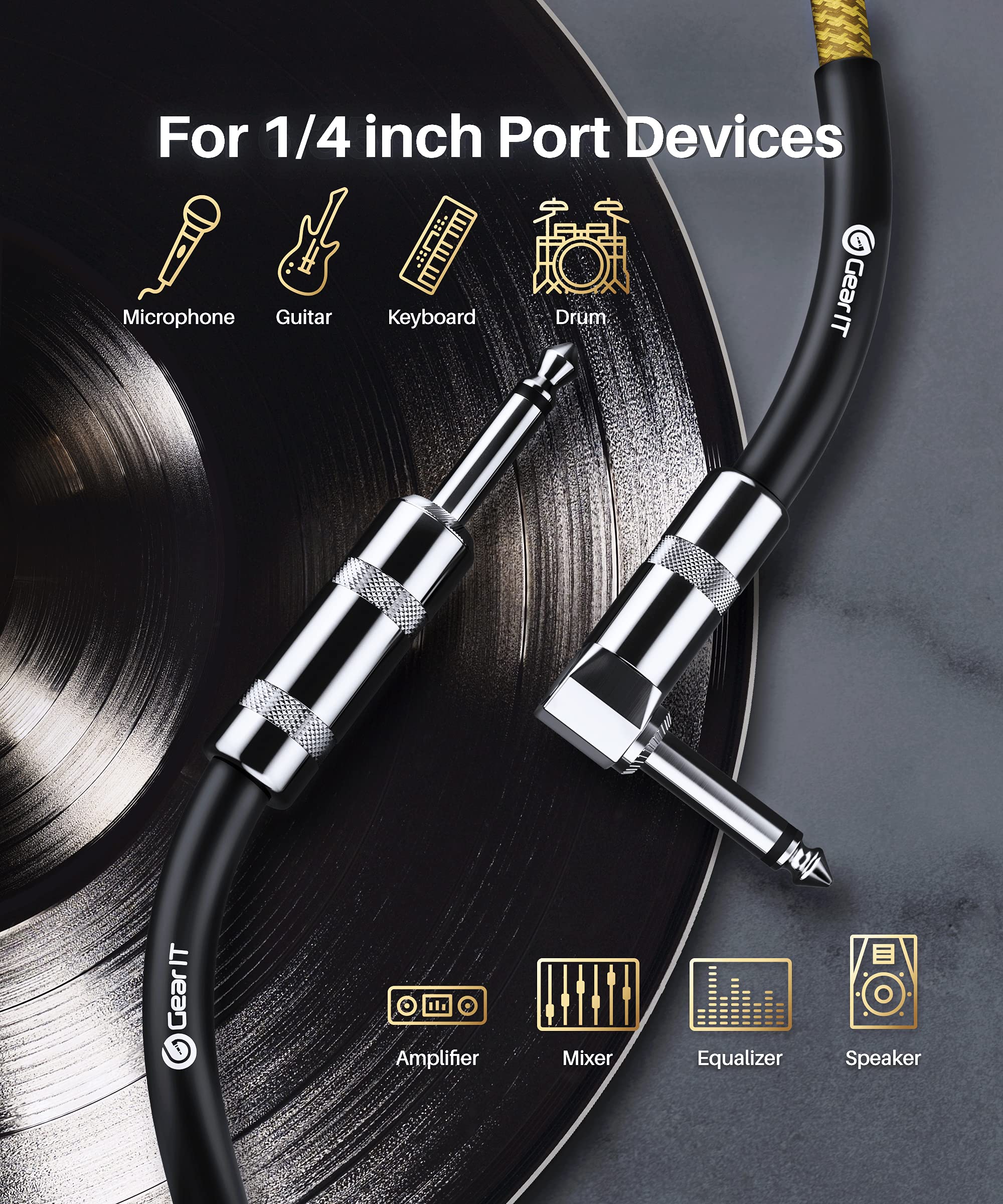 GearIT Audio Instrument Cable (10ft) Right Angle to Straight 1/4 Inch Male to Male for AMP Cord, Base and Electric Guitar - Black/White