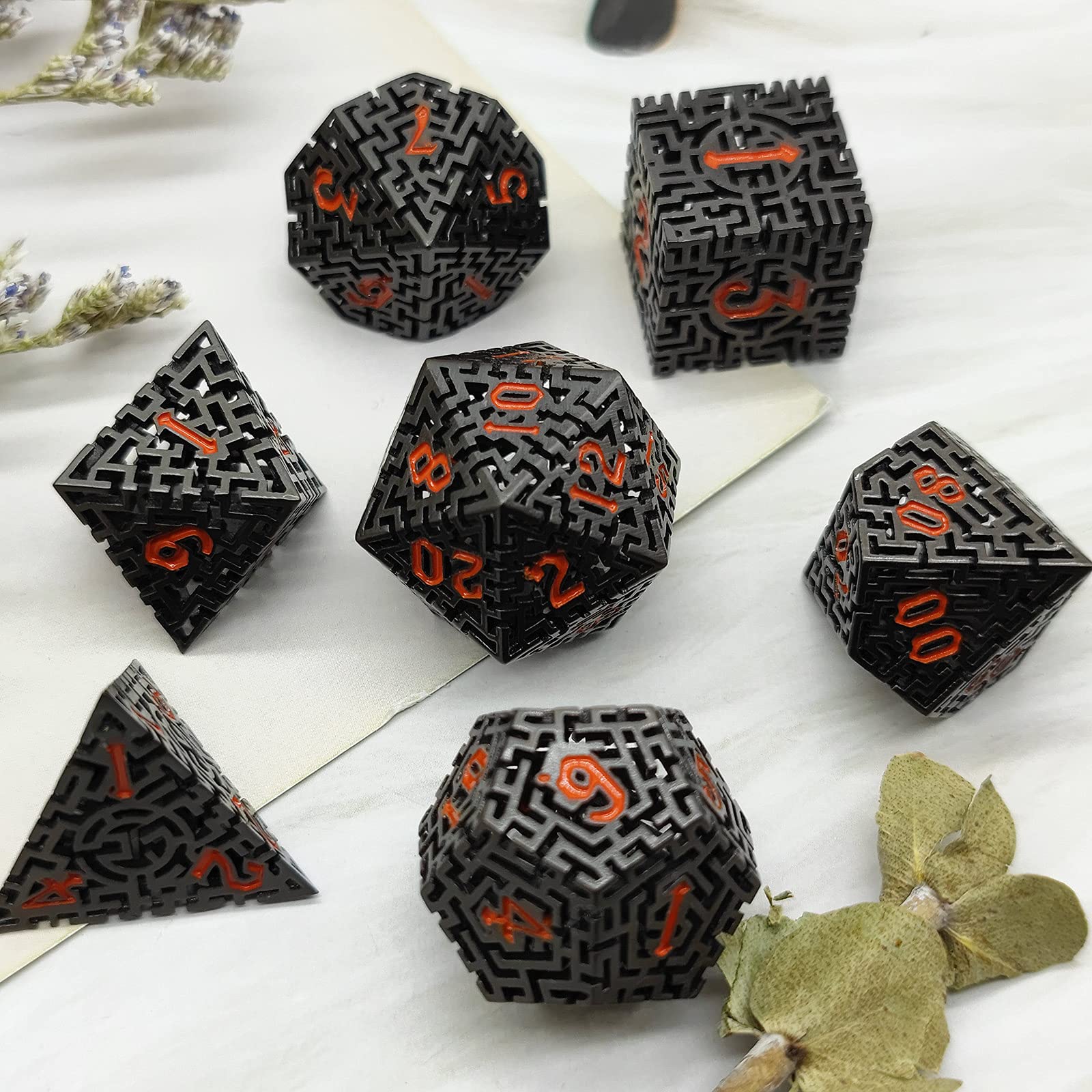DND Metal Hollow Dice 7 Piece Set - (Free Metal Box) Maze Polyhedron Dice Suitable for Board Game RPG Math Teaching Warhammer MTG Game Dice (Pearl Gun)