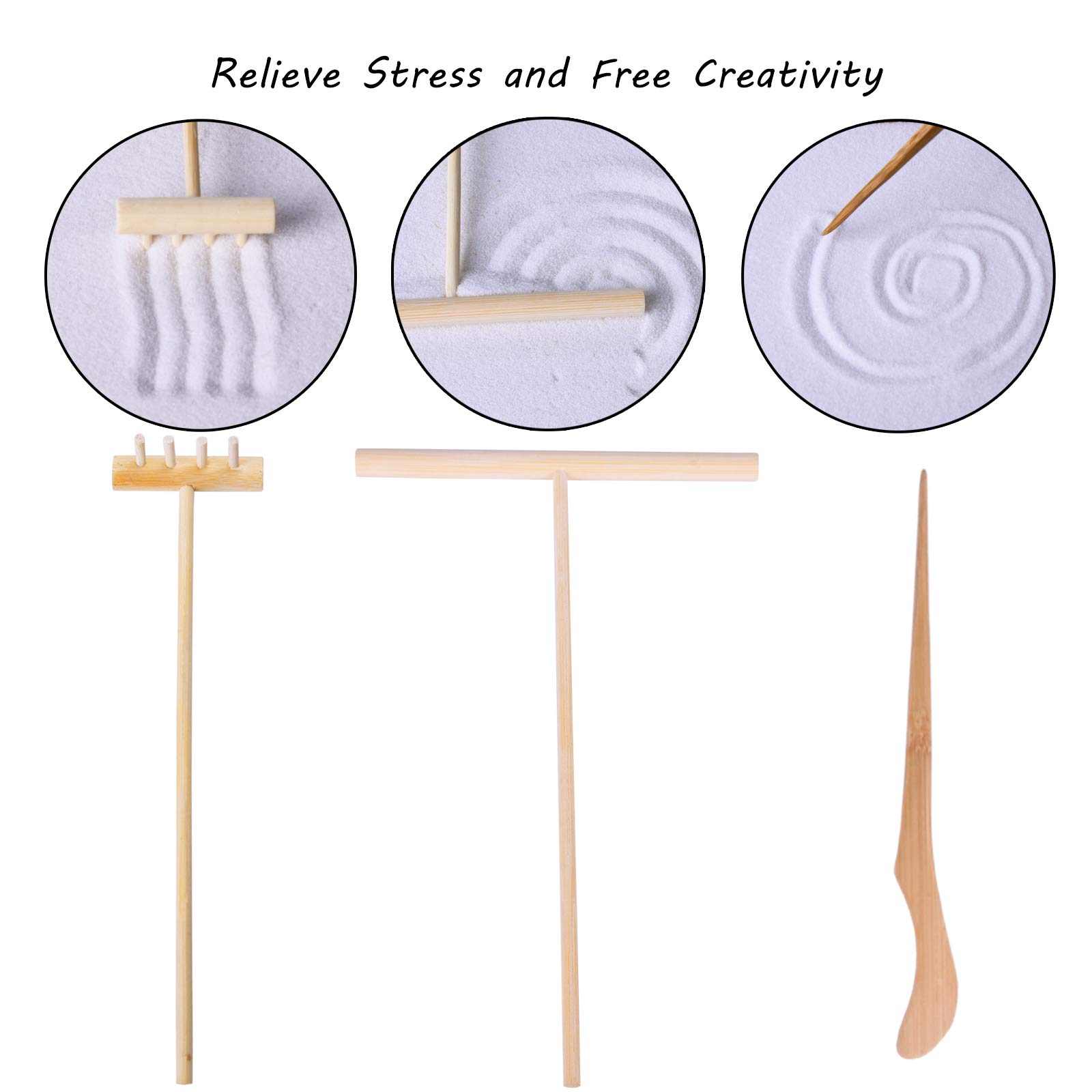 Japanese Zen Garden - Home & Office Desk Mini Garden with Rock Vase Fish Bridge Boat Cherry Trees - Meditation Gift Set for Relaxation - 3 Rake Tools and Zen Accessories (Rectangular)
