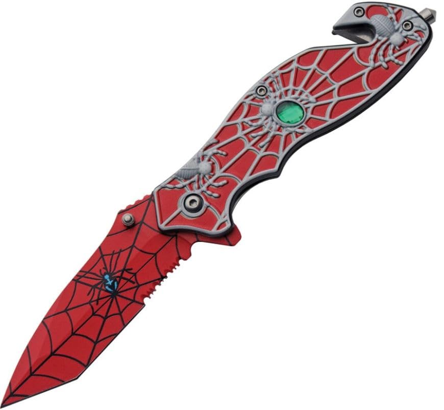 8β Red Spiderweb Assisted Open Pocket Folding Edc Knife Red Stainless Steel Clip Point Blade With Spider Web Print Red Aluminum Handle With Green Jewel Inlay
