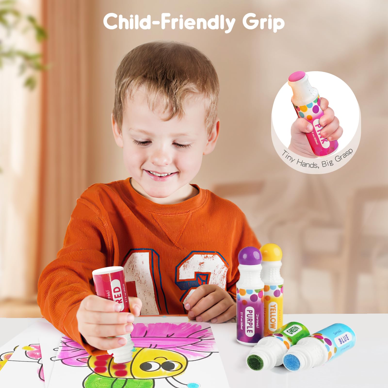 Jar Melo Washable Dot Markers, 6 Colors Dot Paints with 108 PDF & 10 Physical Activity Papers, Non-Toxic Bingo Daubers for Toddlers 1-3 2-4