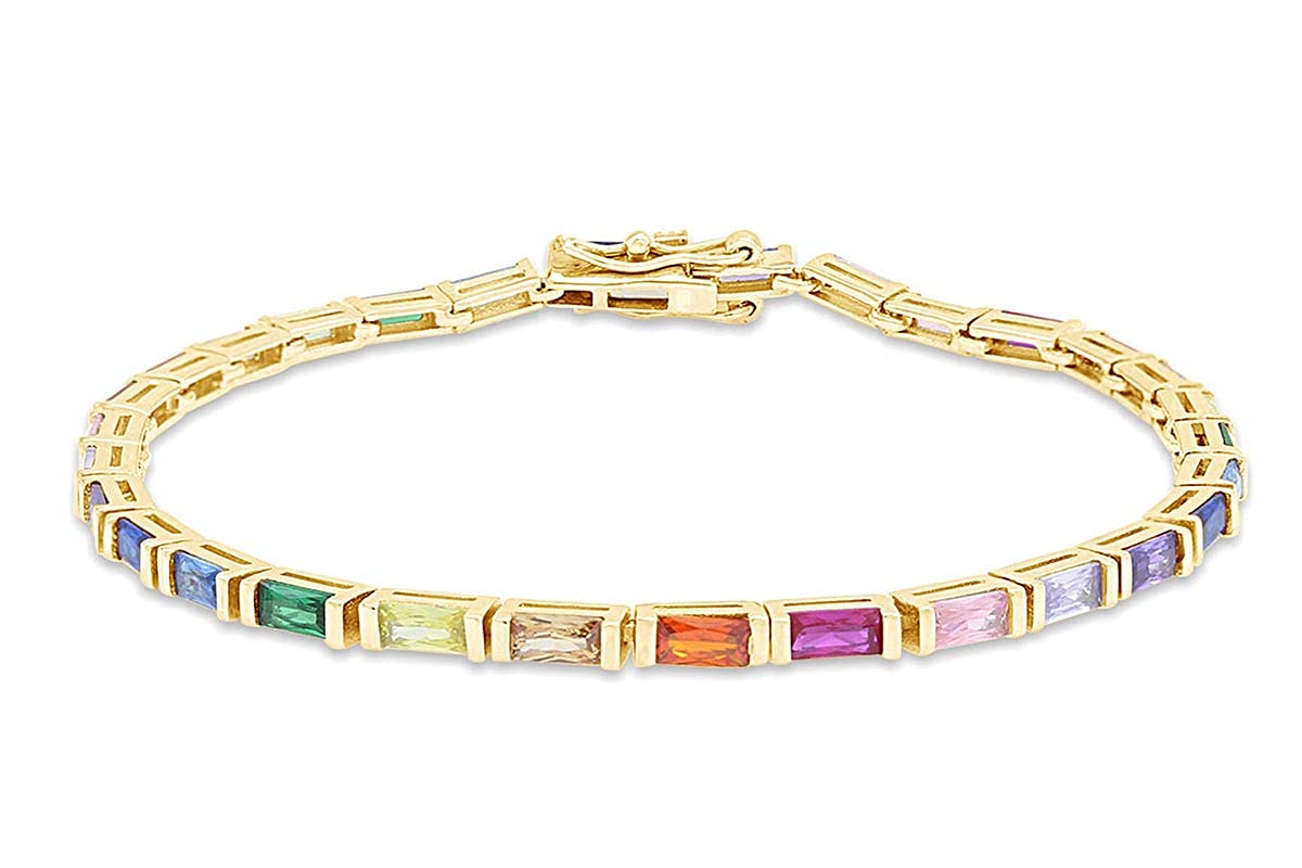 AFFY 14k Yellow Gold Plated 925 Sterling Silver Colourful Bar Setting Rainbow Baguette Sparkling Multi Color Sapphire Gemstone Tennis Bracelet, Jewelry for womens - 6.5" L