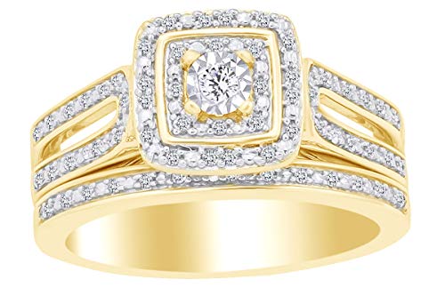 AFFY Round Cut White Natural Diamond Engagement Wedding Bridal Ring Set In 10k Solid Yellow Gold (0.25 cttw) Ring Size-6.5