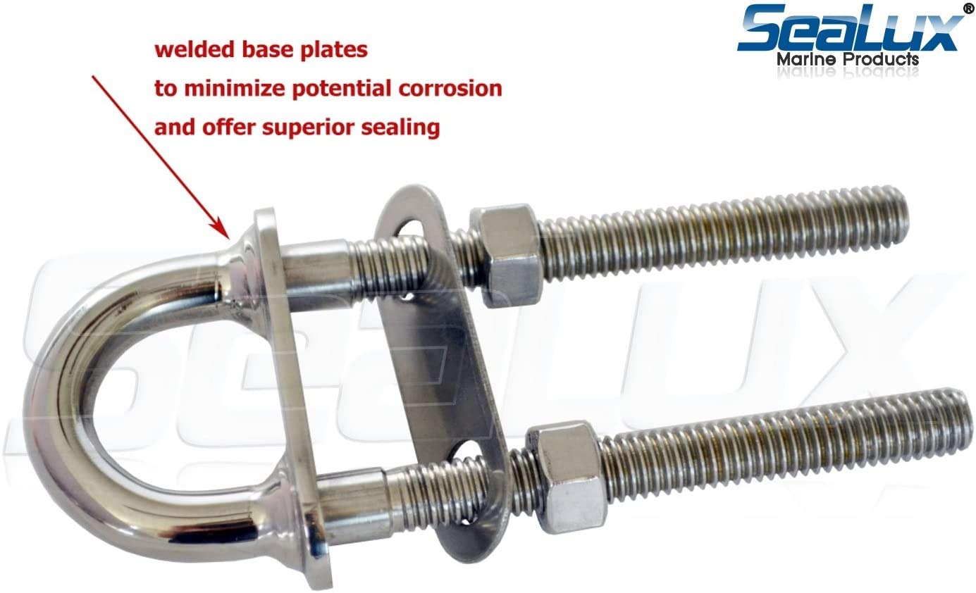 SeaLux Marine 3/8" Stock Fixed Welding Plate Bow Eye Stern Eye U-Bolt 5" Length with 3-1/2" Stud Length