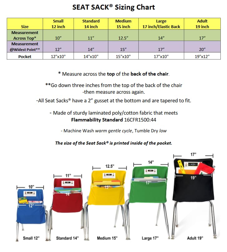 Seat Sack Small Chair Storage Pocket - 12 Inches, Green - Perfect Organizer for Classroom Chairs, Durable and Spacious Chair Pocket for Classroom Storage and Organization