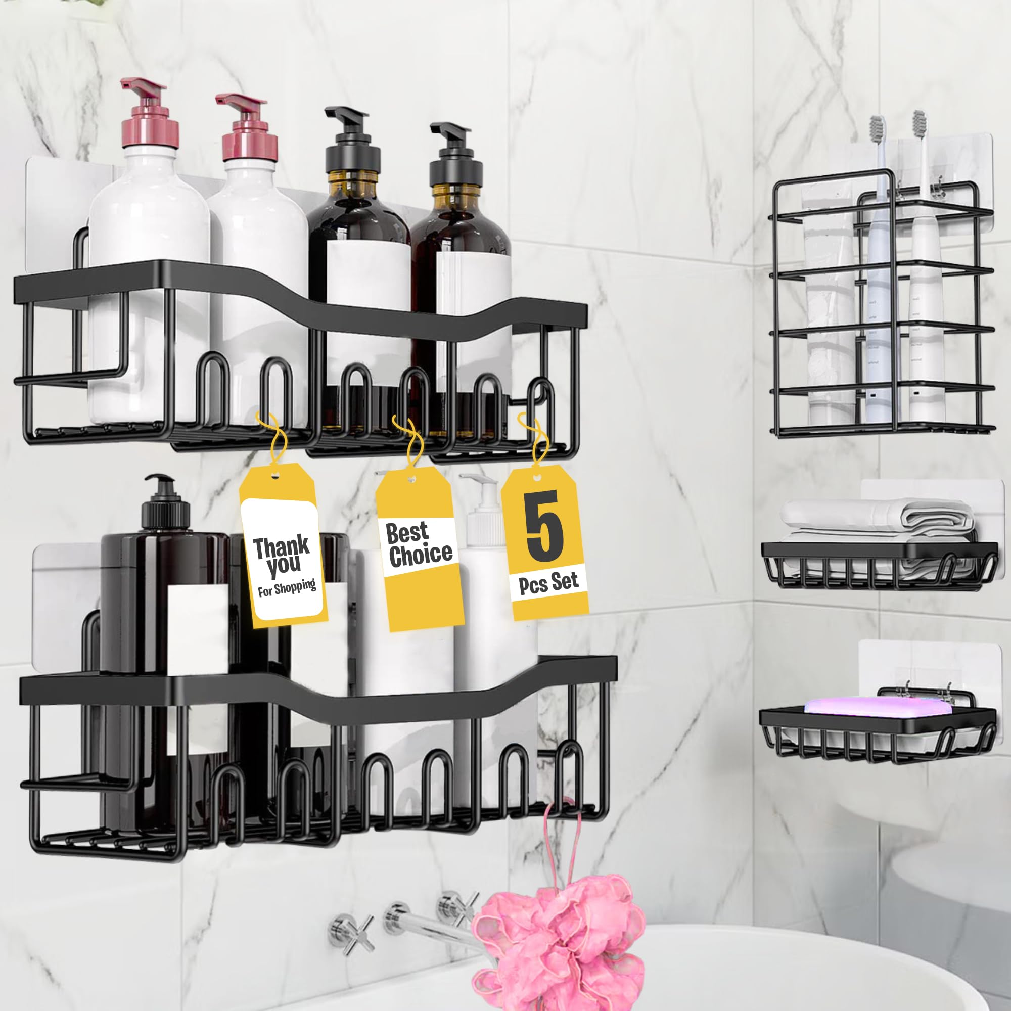 Shower Caddy Set of 5 – 2 Large Stainless Steel Shower Racks with 20 Hooks, 2 Soap Holders & 1 Toothbrush Holder