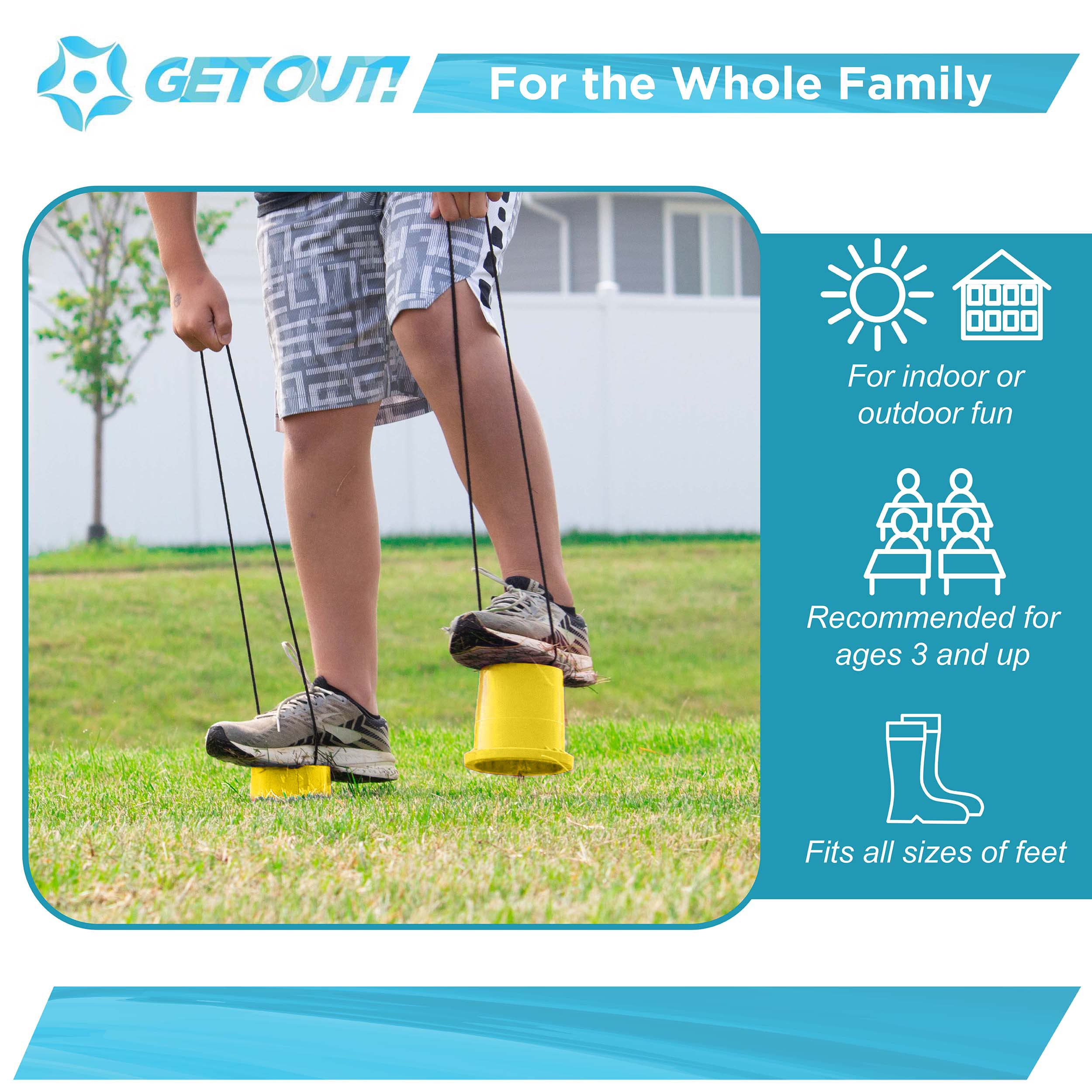 Get Out! Walking Bucket Stilts 2 Pack (Pair) Yellow Stepper Balance Bucket Shoe Stilts Toy, Cup Walkers Can Stomper Cups