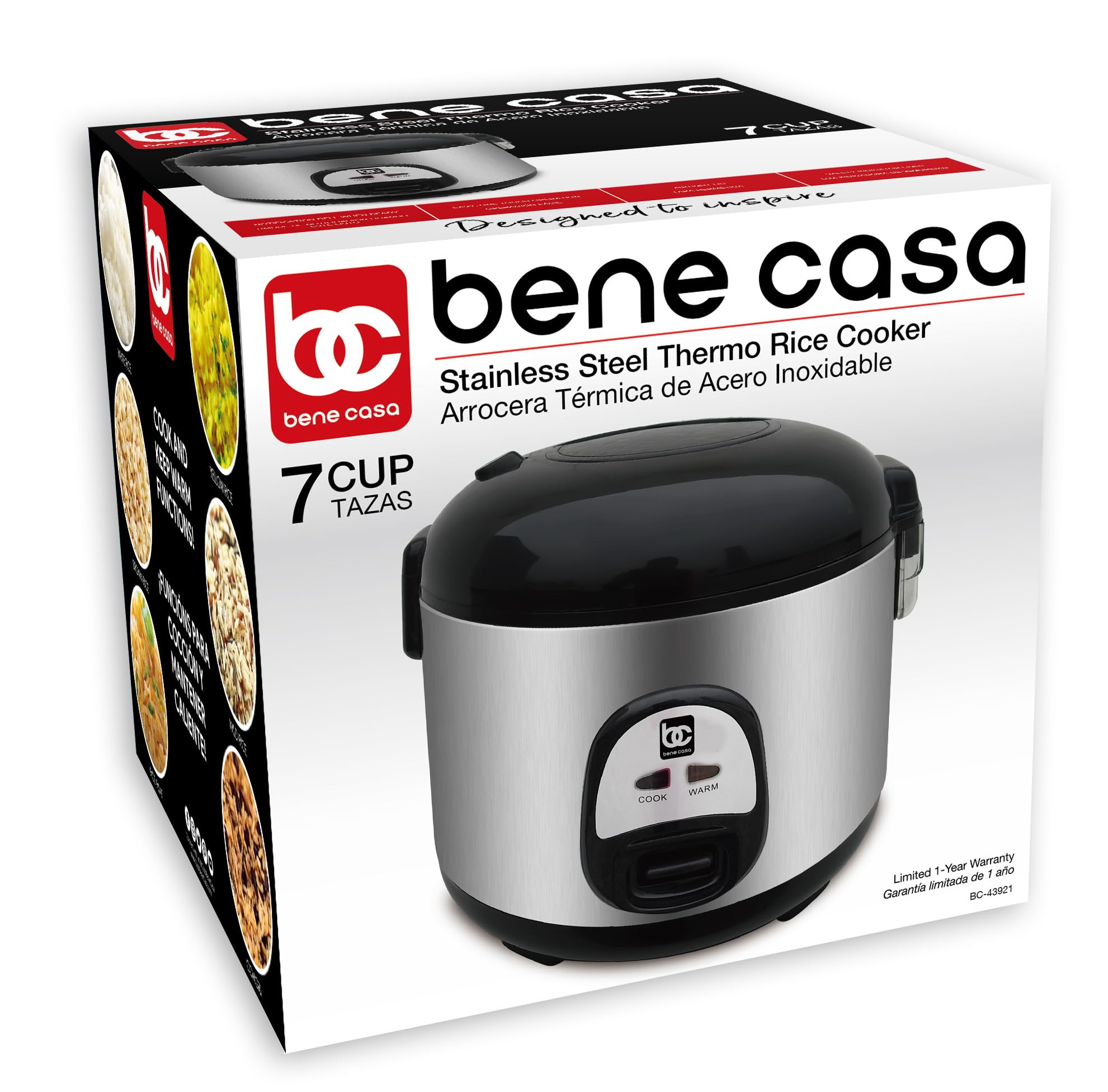 Bene Casa 7 cup stainless-steel thermo rice cooker, stainless steel and black design, cool touch rice cooker, simple operation, dishwasher safe.