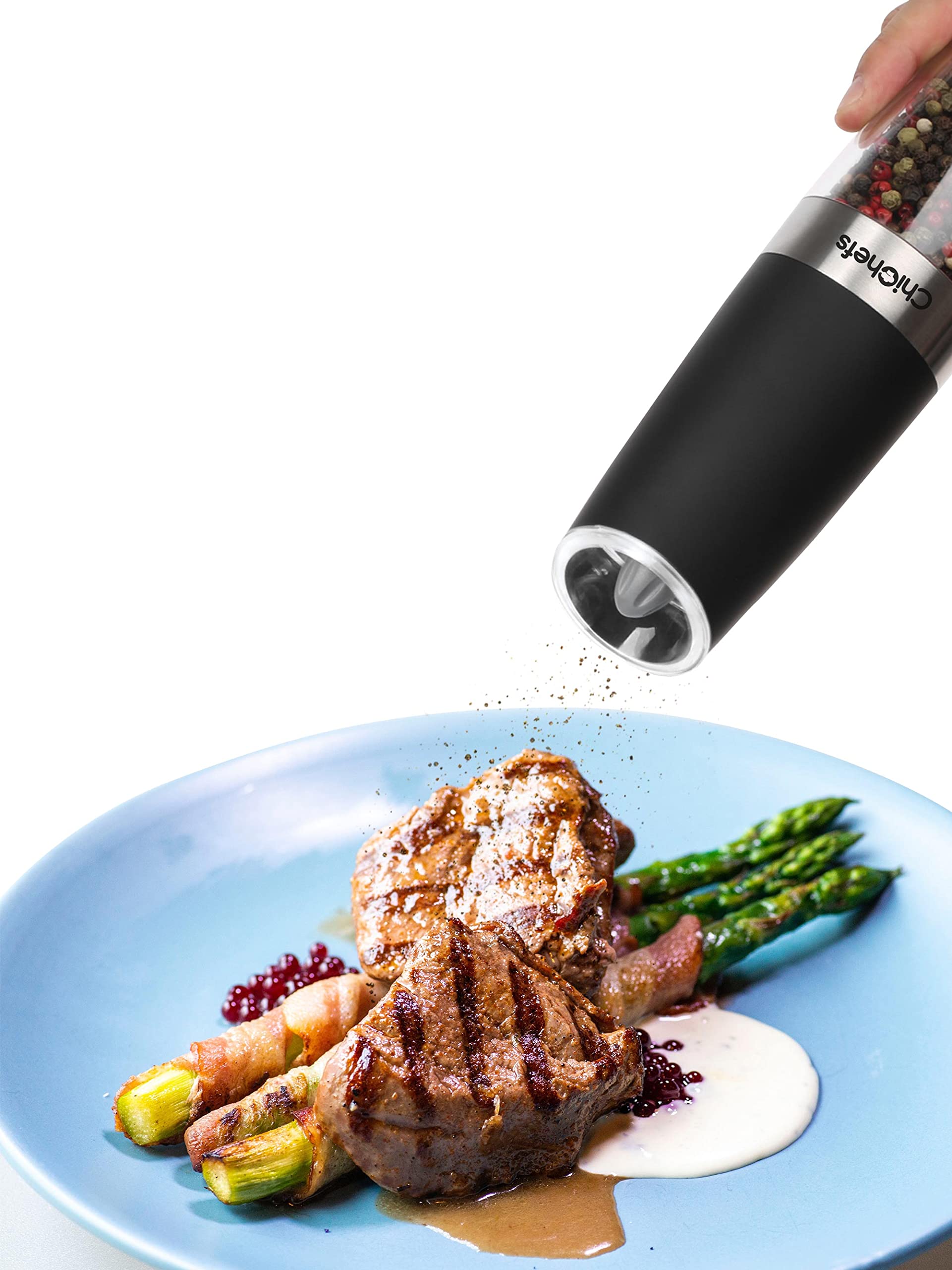 ChiChefs Gravity Electric Salt and Pepper Grinder Set, Automatic Salt and Pepper Mill Grinder, Battery Operated with White LED Light, Adjustable Coarseness, One Handed Operation, Stainless Steel