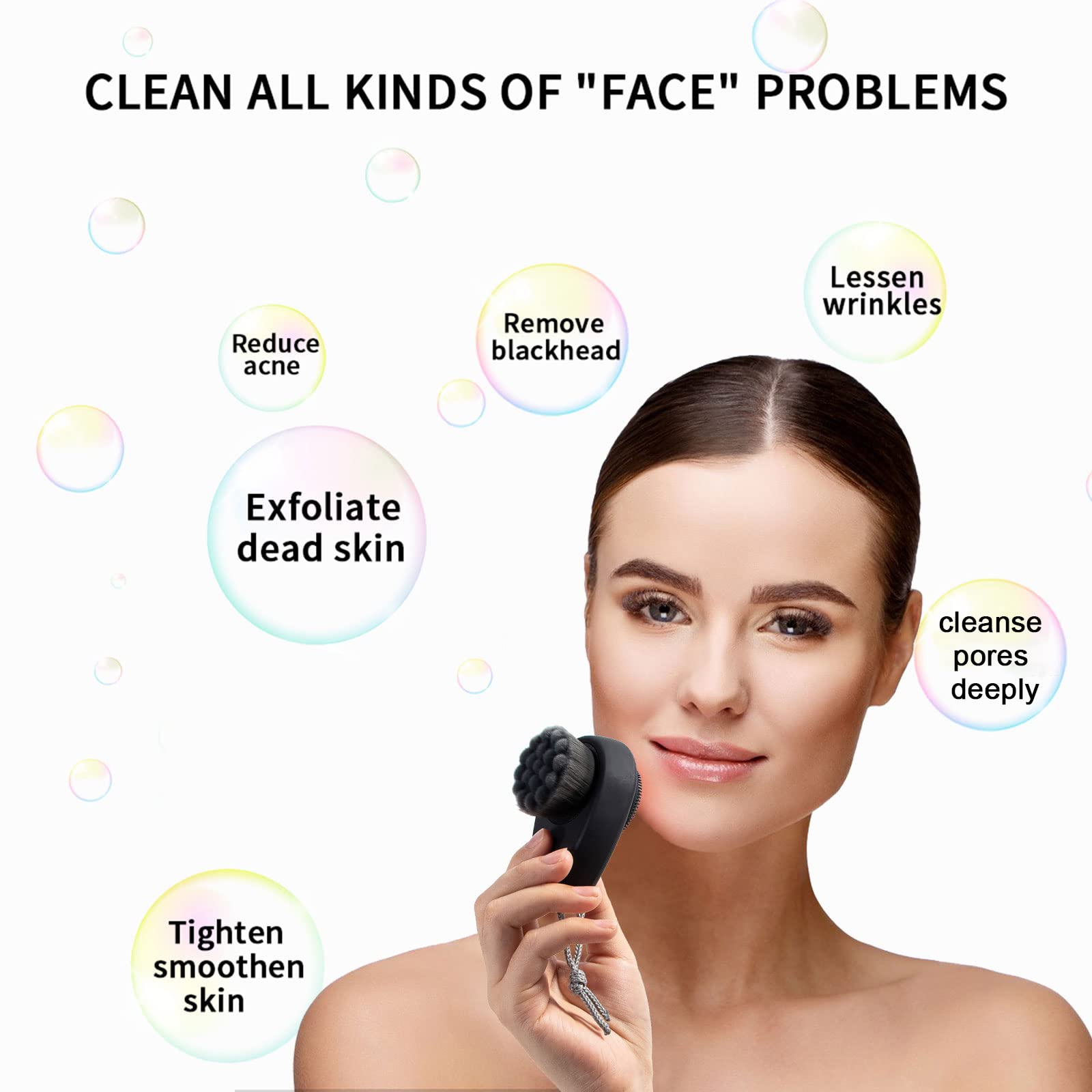 Beomeen Facial Cleansing Brush 2 Pack, 2 in 1 Silicone Face Scrubber for Men Exfoliating Pore Deep Cleansing, Dual Sided Face Wash Brush with Soft Bamboo Charcoal Microfiber and Lid for Women, Black