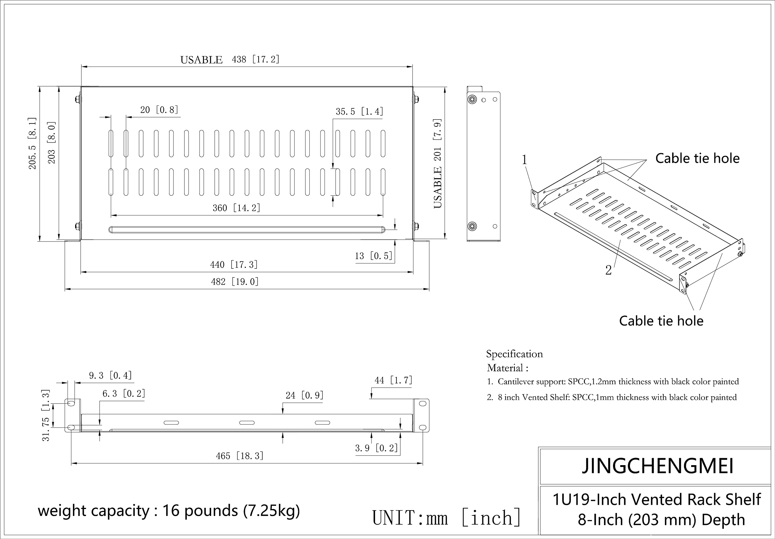 JINGCHENGMEI 1U Disassembled Vented Rack Shelf Universal Rack Tray No Lip for 19 Inches Network Cabinet or Server Rack (8 Inches Deep)