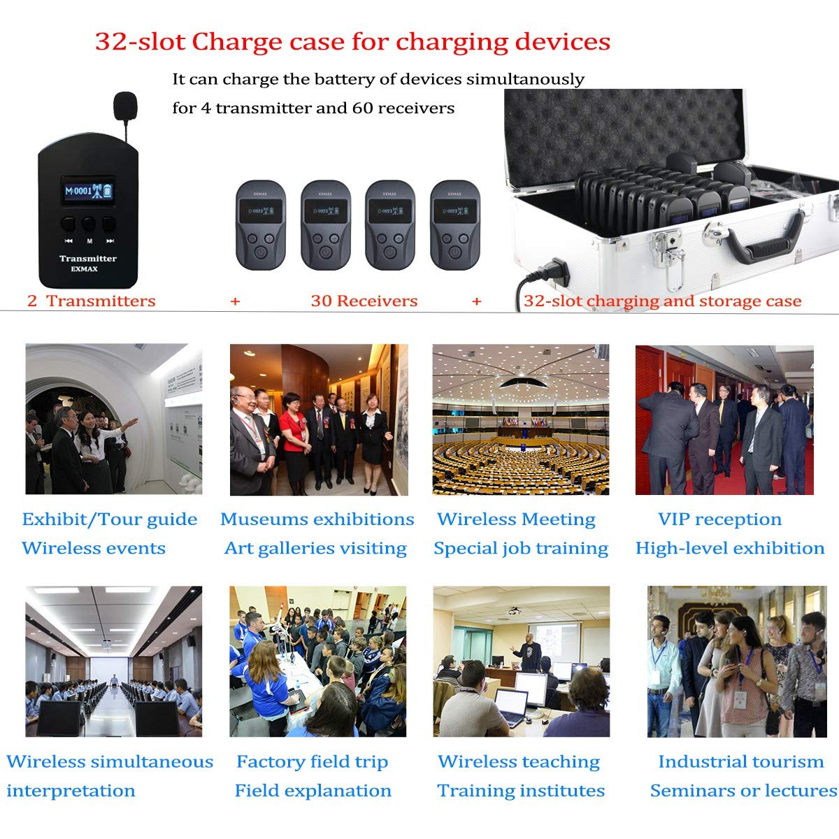 EXMAX EXD-101 2.4GHz Wireless Tour Guide Voice Transmission System for Exhibition Summit Interpretation Bus Tour City Sightseeing Live Explanation - 2 Transmitters 30 Receivers & 32-slot Charging Case