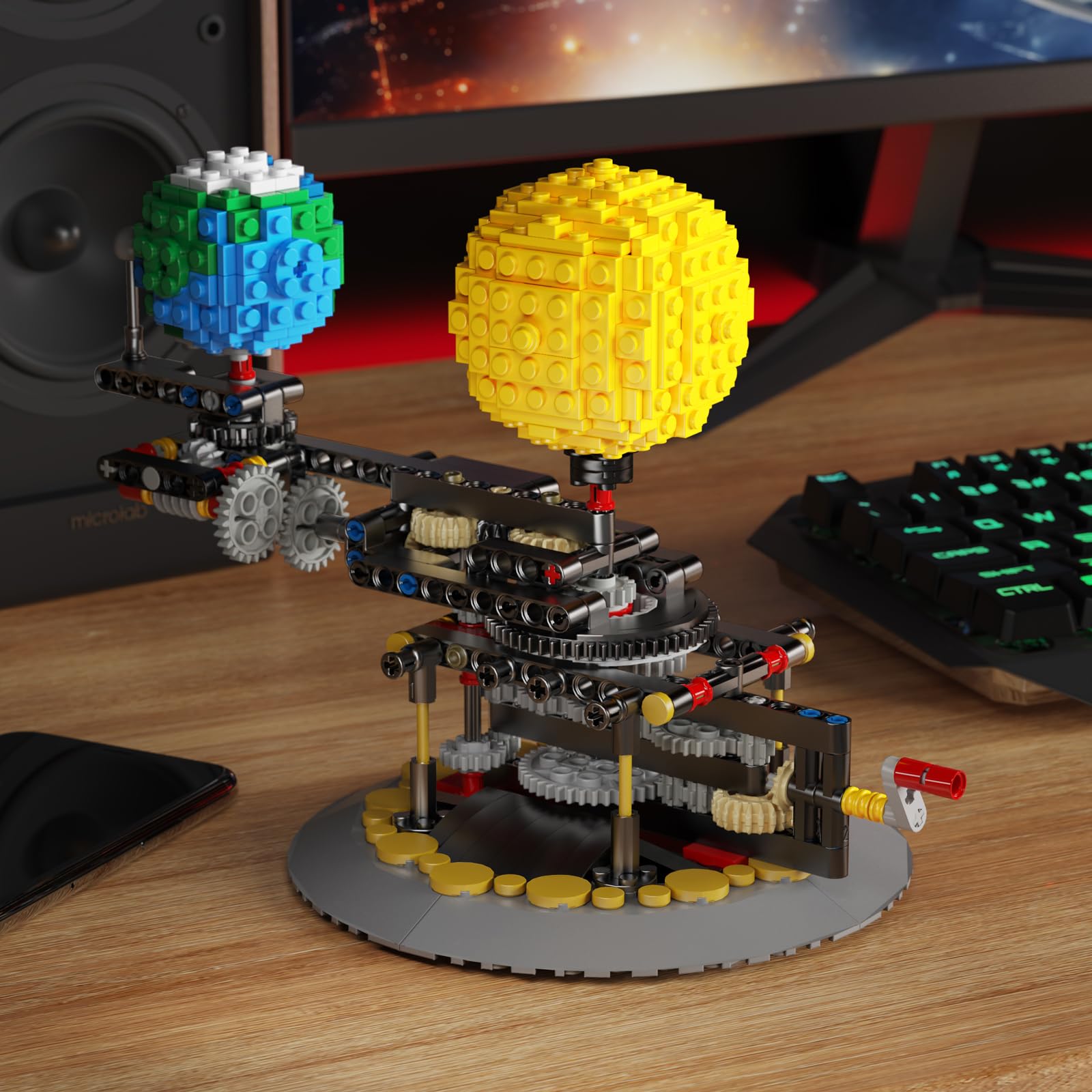 Earth Moon and Sun Orrery Toy Building Sets - Earth Rotation Around Sun Building Bricks-Rotatable Solar System Model, Compatible for Lego Space, Science Educational Architecture Toys for 6+ Kids