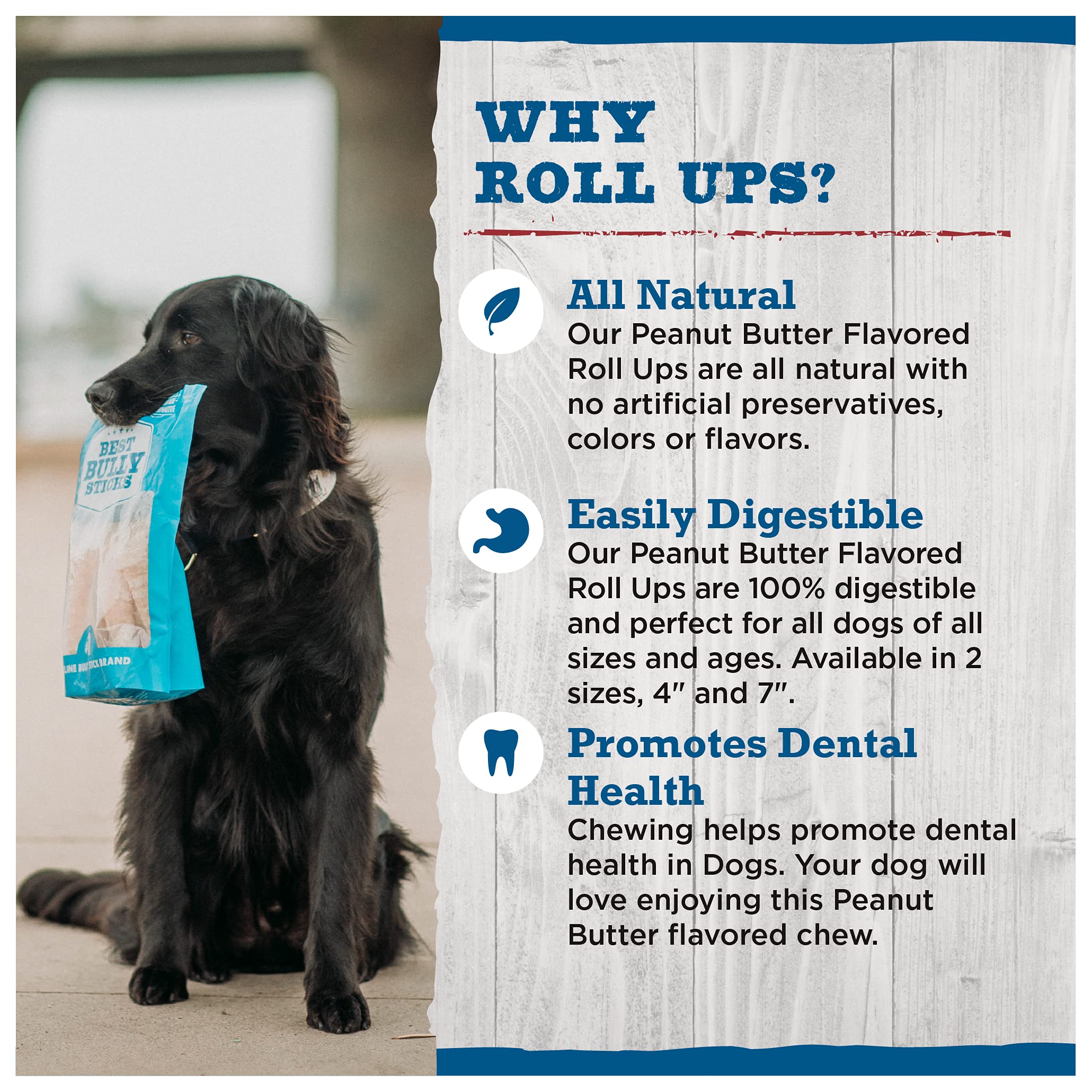 Best Bully Sticks Roll Ups - All-Natural, Easily digestible Dog Chew - Peanut Butter Flavor - Best Suited for Small Breeds (4 Inch, 5-Pack)