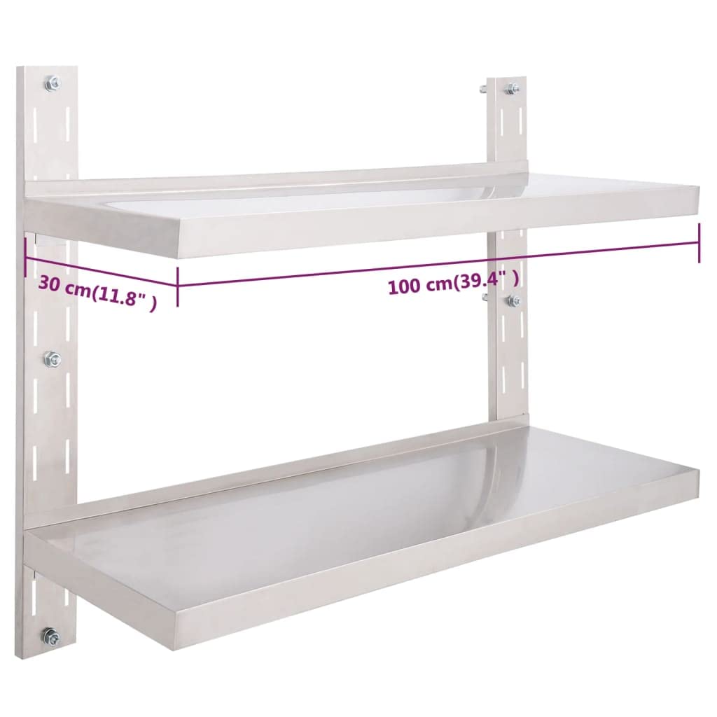 WEMYUFURN 2-Tier Floating Wall Shelf Stainless Steel 39.4"x11.8", Kitchen Wall Cabinet, Floating Bookshelf, CD Wall Shelf, Floating Shelves for Home Décor, and Space-Saving Design