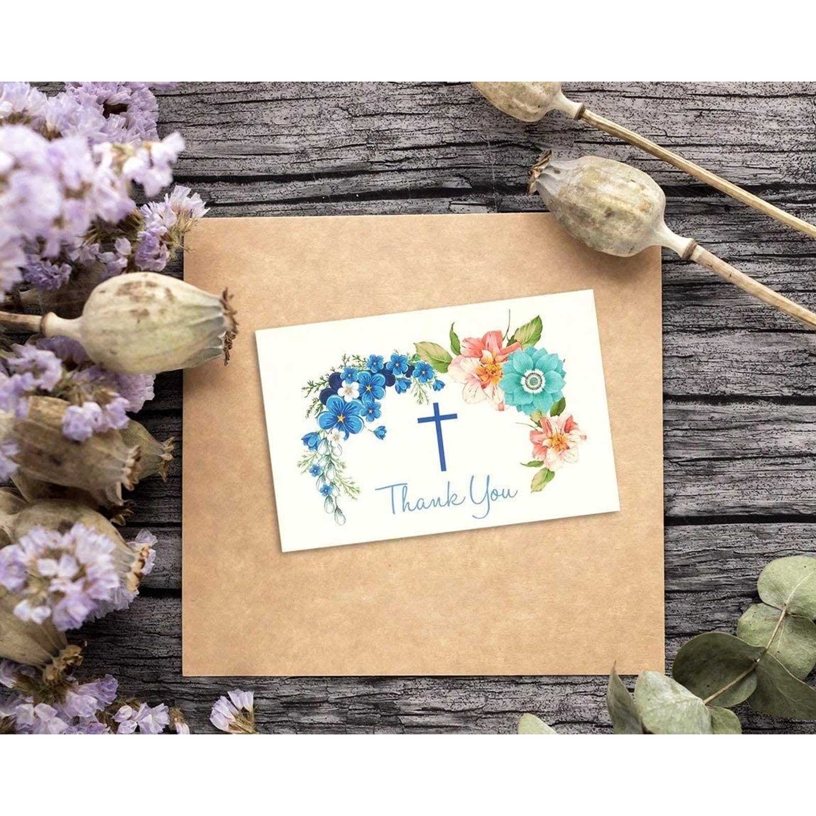 Best Paper Greetings 48 Pack Christian Thank You Cards With Envelopes, Bulk Baptism, Religious Greeting Notes for Christening, Wedding, Communion, Floral Cross Design (4 x 6 In)