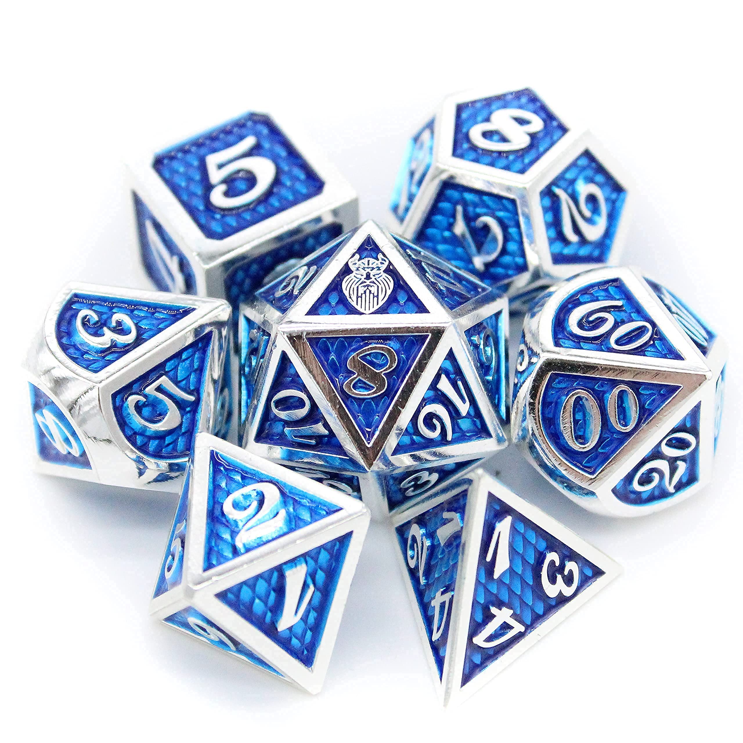 HEIMDALLR Metal DND Dice Set 7 pcs - Dragonhide Design, 16mm Size, Logo on D20; Metal Dice Set & Dice Box; D&D Dice Set D&D (Dungeons and Dragons Dice Set) - Jormungandr Series (Frosteater)