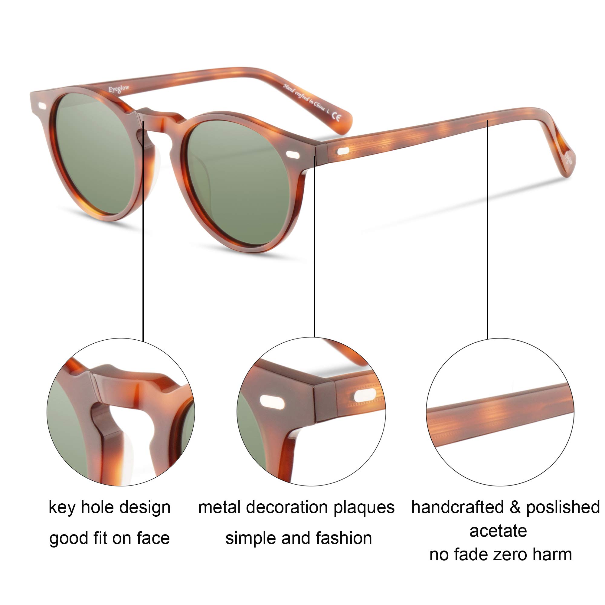 EyeGlow Retro Sunglasses Women Round Small Sunglasses Men Sunglasses for Women Polarized Lens Acetate Material Tortoise Color Green Lens