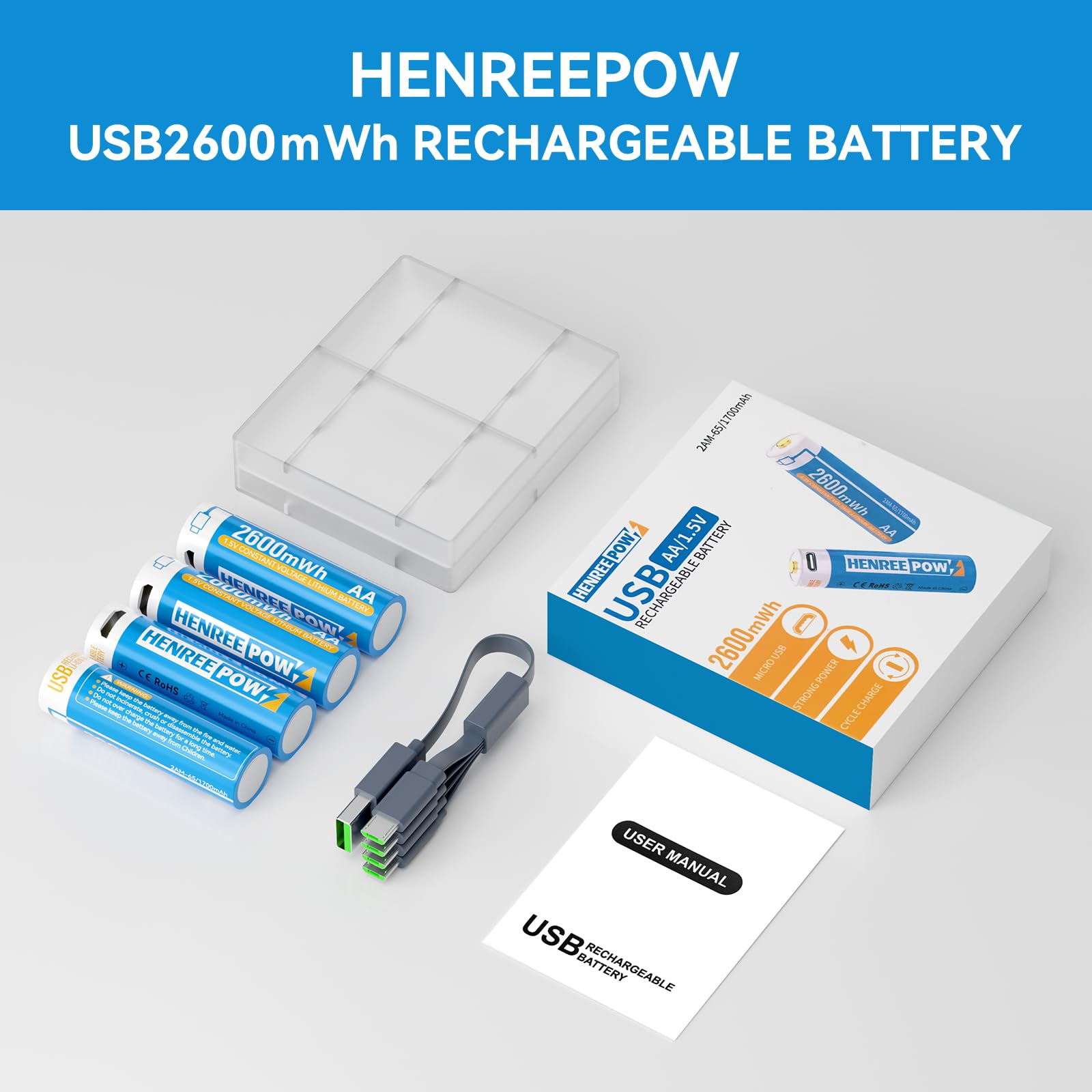 Henreepow 1.5V AA Lithium Rechargeable Batteries, High Capacity 2600mWh(1700mAh) Double A Lithium ion Rechargeable Battery, 1200 Cycles with 4 in 1 USB Charging Cable (4 Pack with Storage Box)